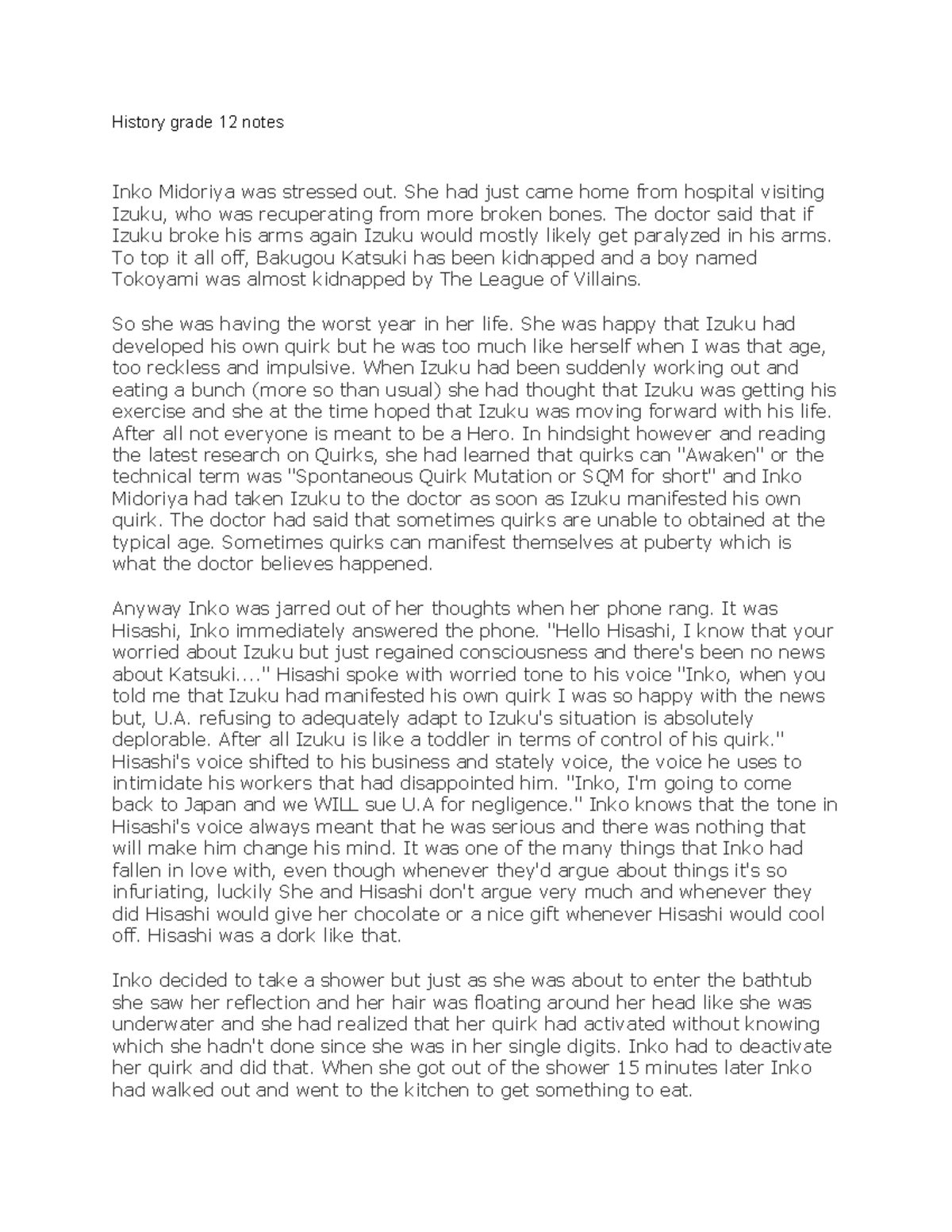 History Grade 12 Notes: Inko Midoriya's Struggles and Quirk Challenges ...