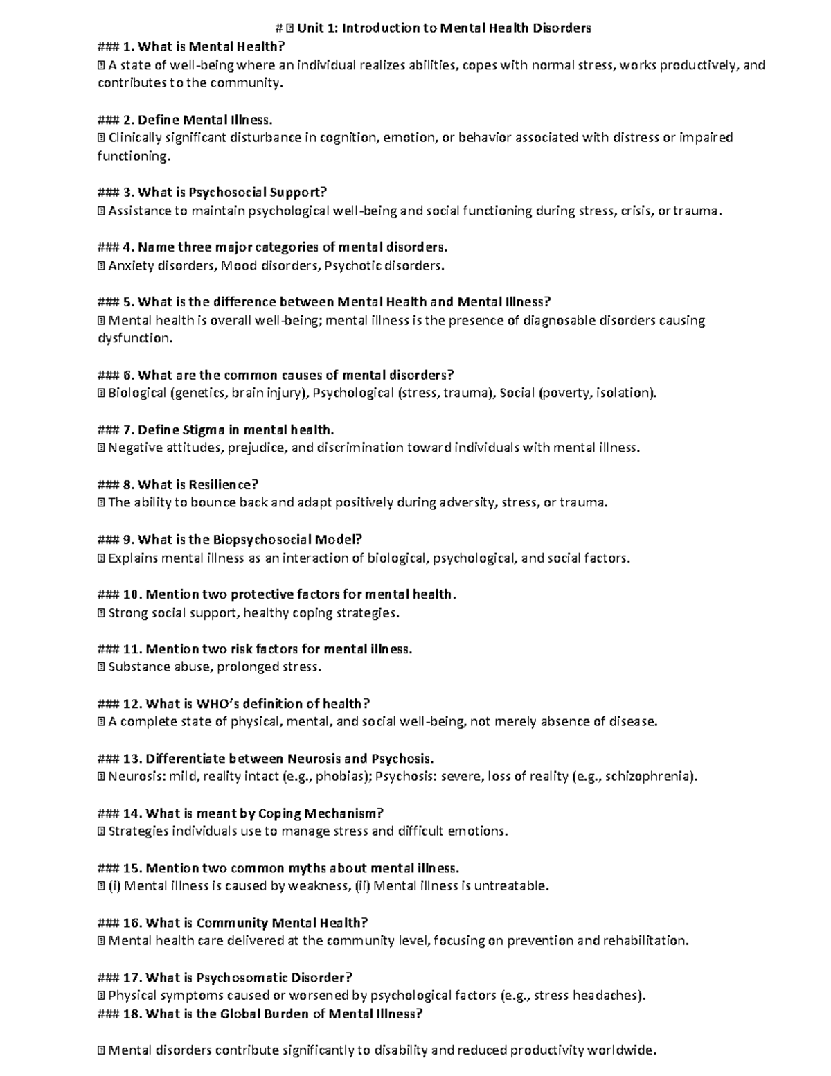 Unit 1: Intro to Mental Health Disorders - Key Concepts and Definitions ...