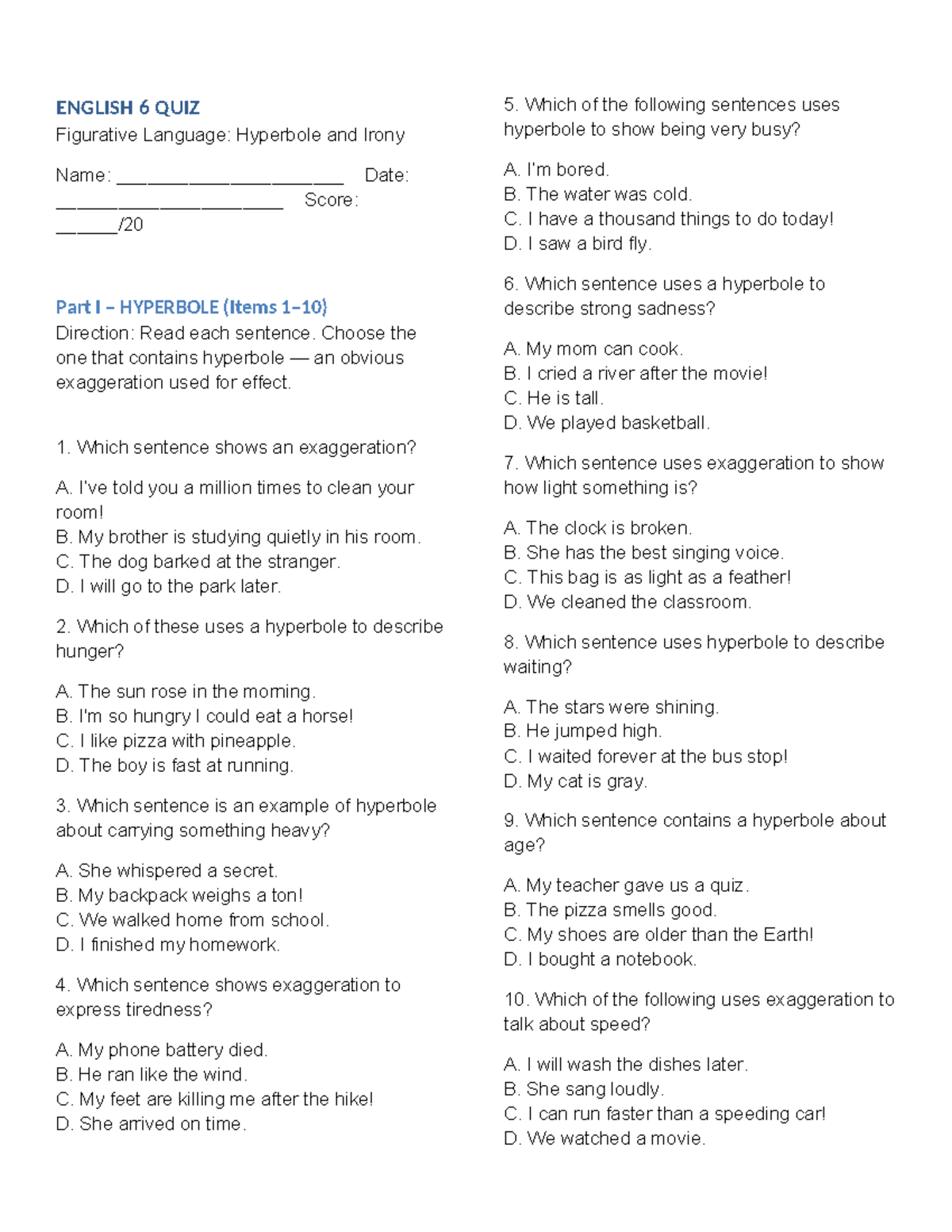 ENGLISH 6 QUIZ: Hyperbole and Irony in Figurative Language - Studocu