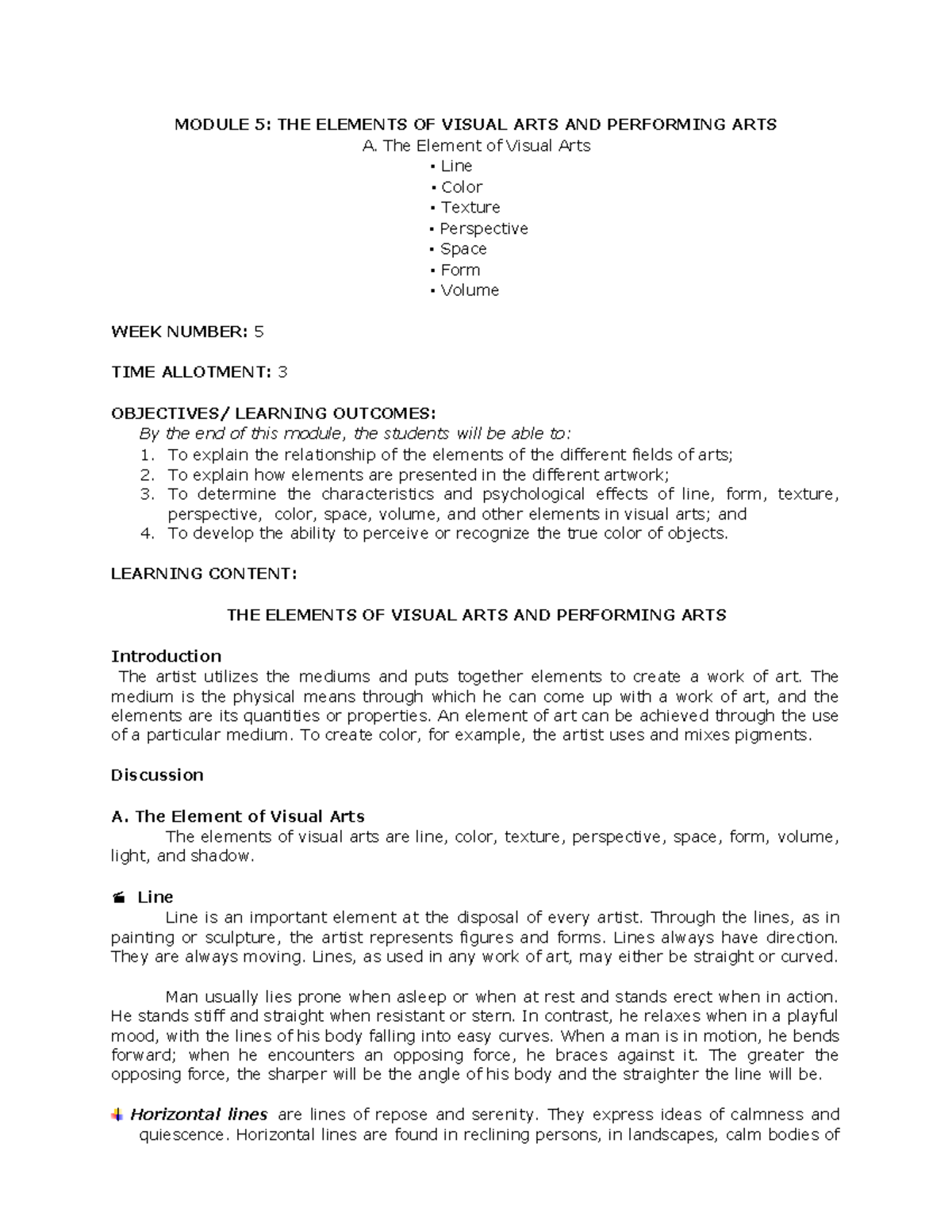 Module 5 GEC004: Final on Visual Arts & Performing Arts Elements - Studocu