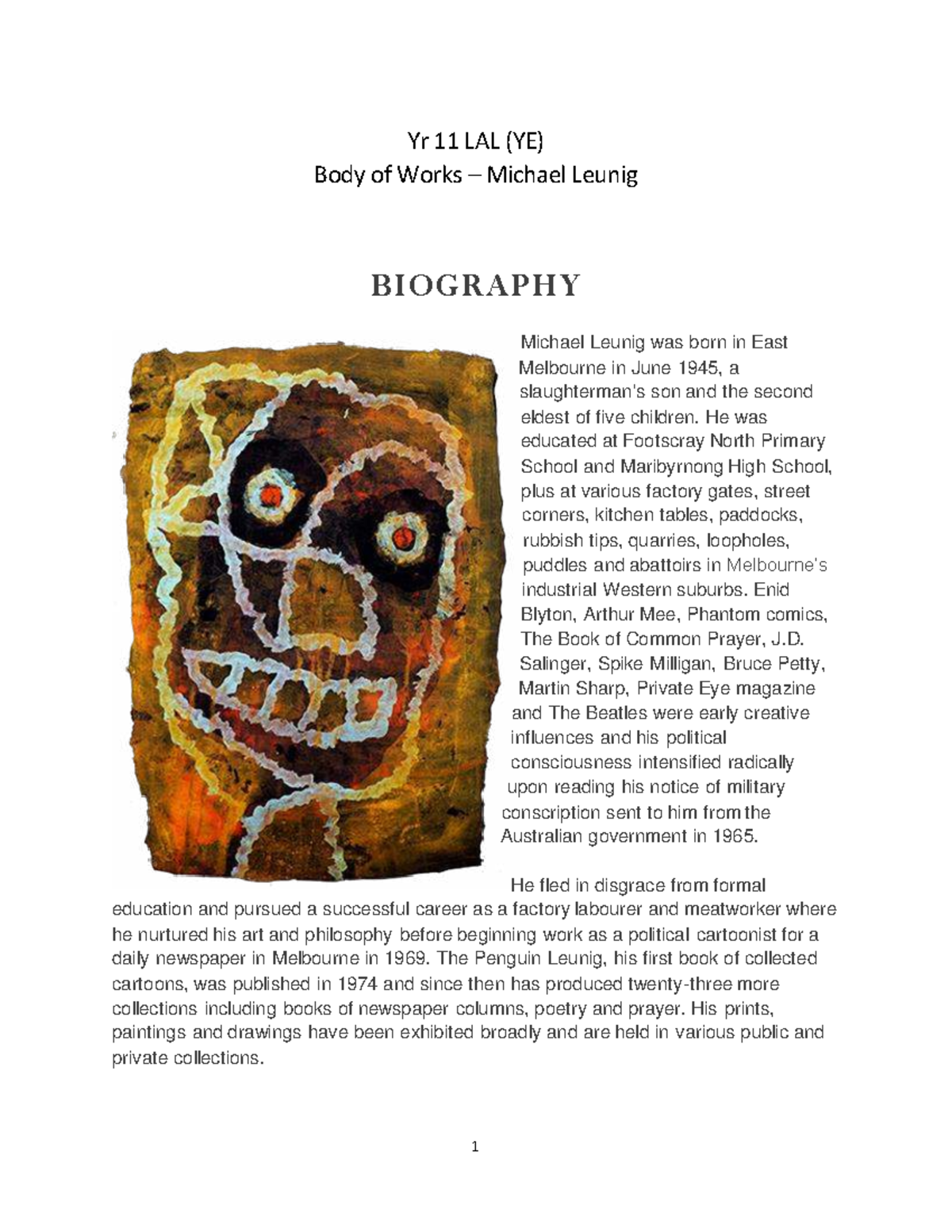 Yr 11 LAL (YE) Body of Works: Michael Leunig Biography & Cartoons - Studocu