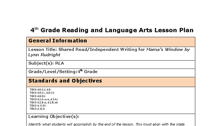 4th Grade RLA Lesson Plan: Shared Writing for Window - Studocu