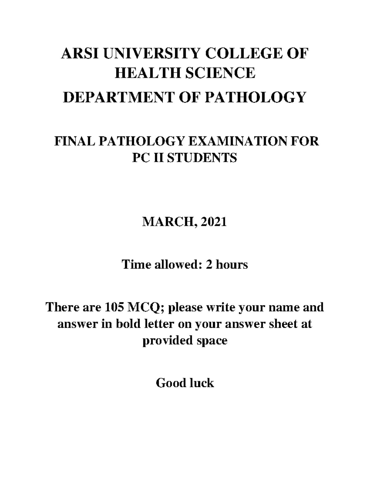 Final Pathology Examination for PC II Students - March 2021 - Studocu