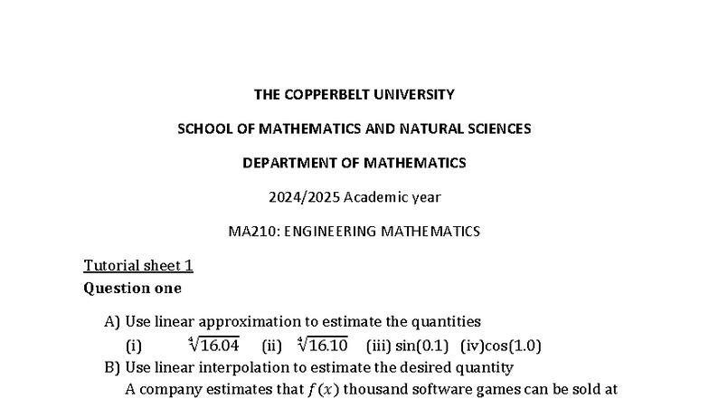 MA210: Engineering Mathematics Tutorial Sheet 1 Questions - Studocu