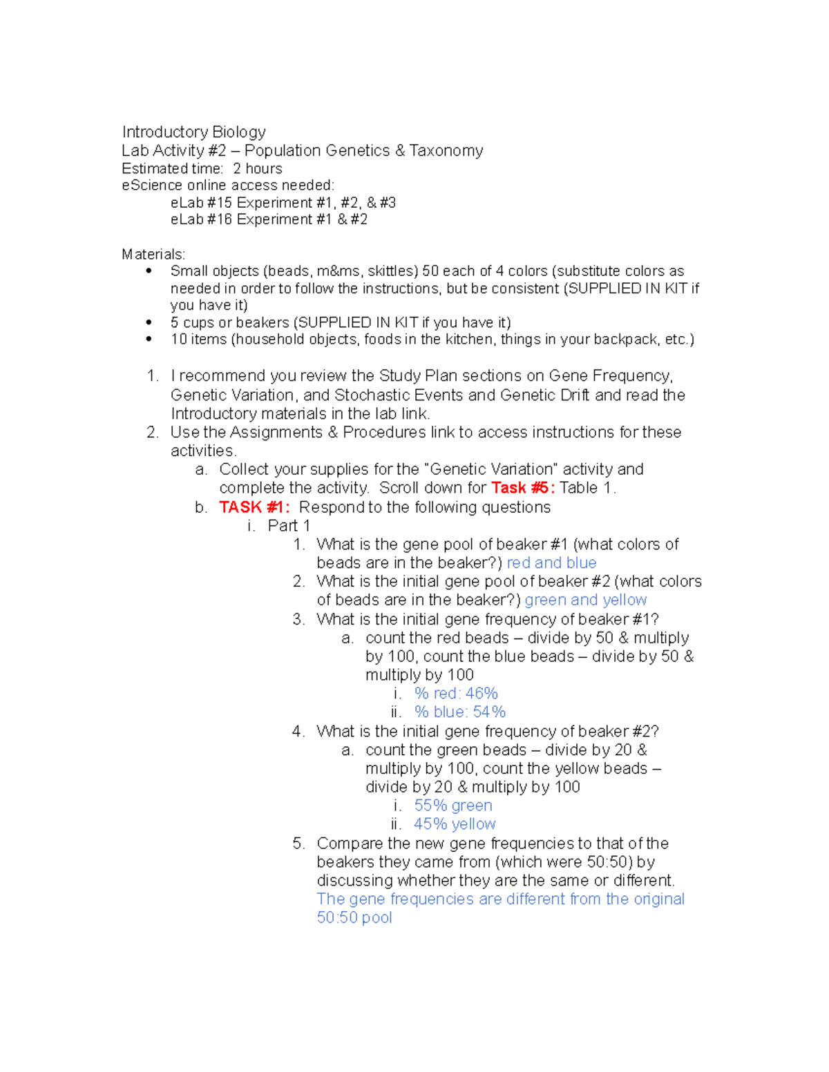 BIOL 101 Lab Report 2 - Population Genetics & Taxonomy Analysis - Studocu