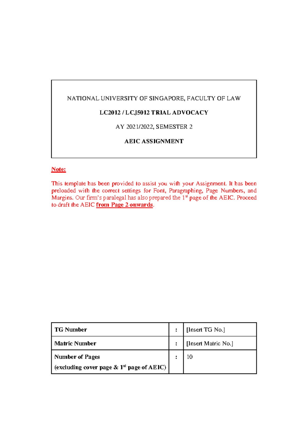 AEIC Assignment for LC2012 / LCJ5012 Trial Advocacy (Claimant) - Studocu
