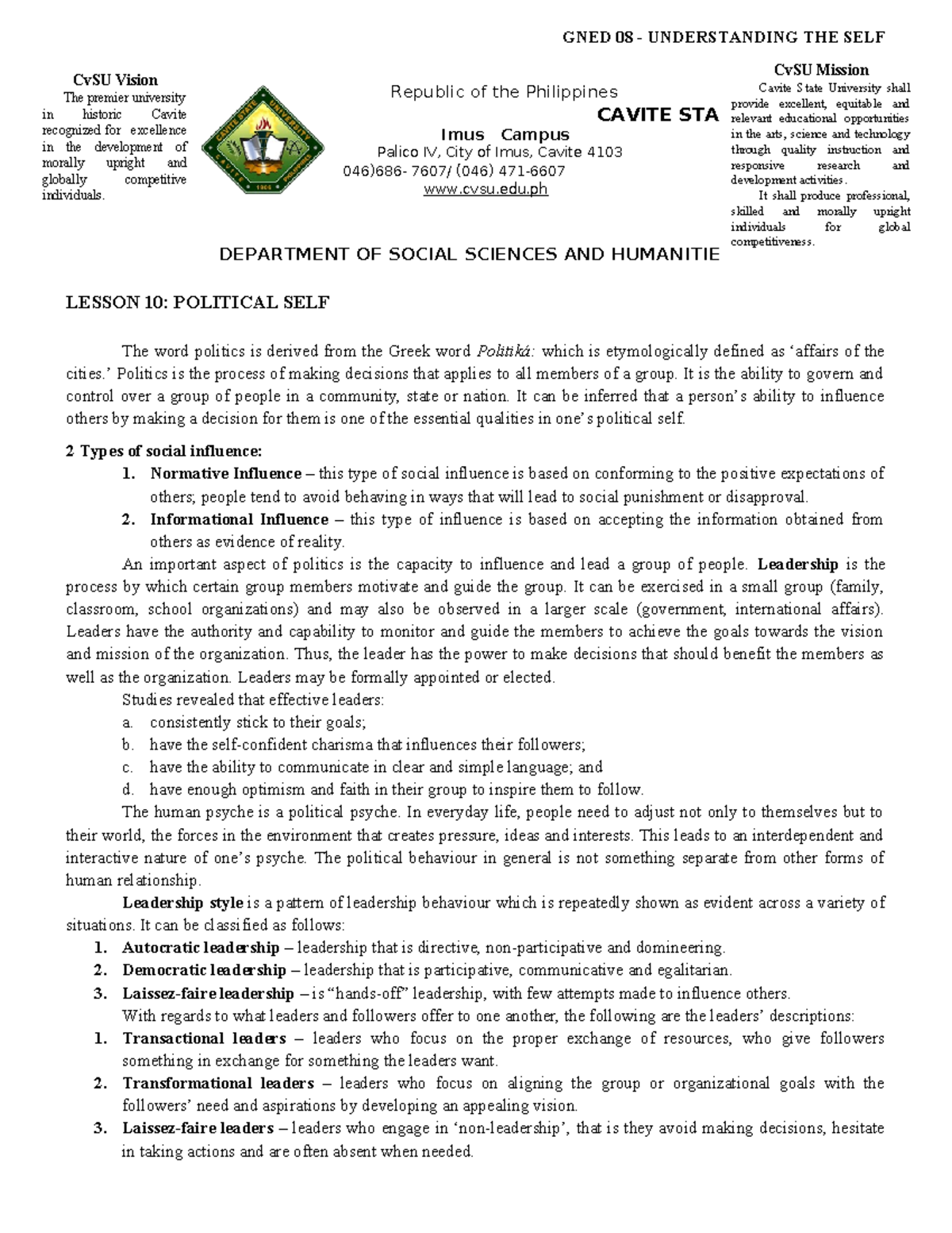 GNED 08 UNDERSTANDING THE SELF: Exploring Political Self and Leadership ...