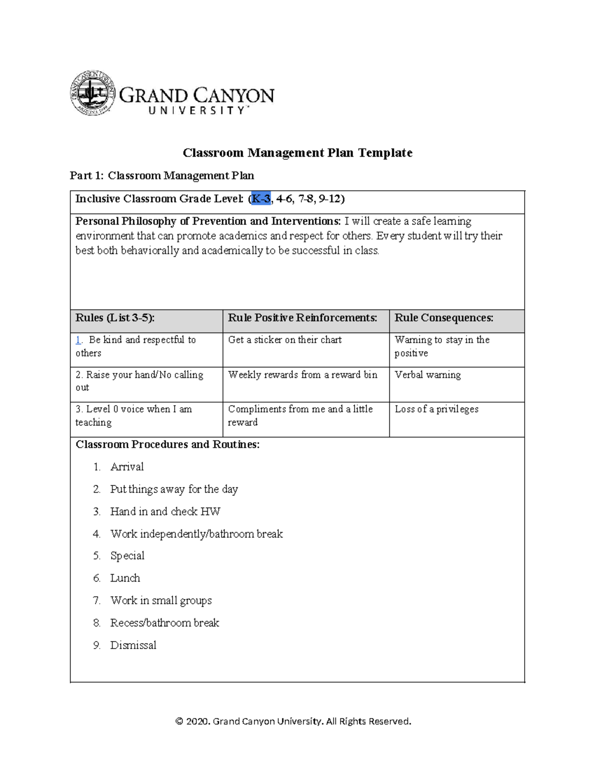 ESD-550: Classroom Management Plan Template for Inclusive Classrooms ...