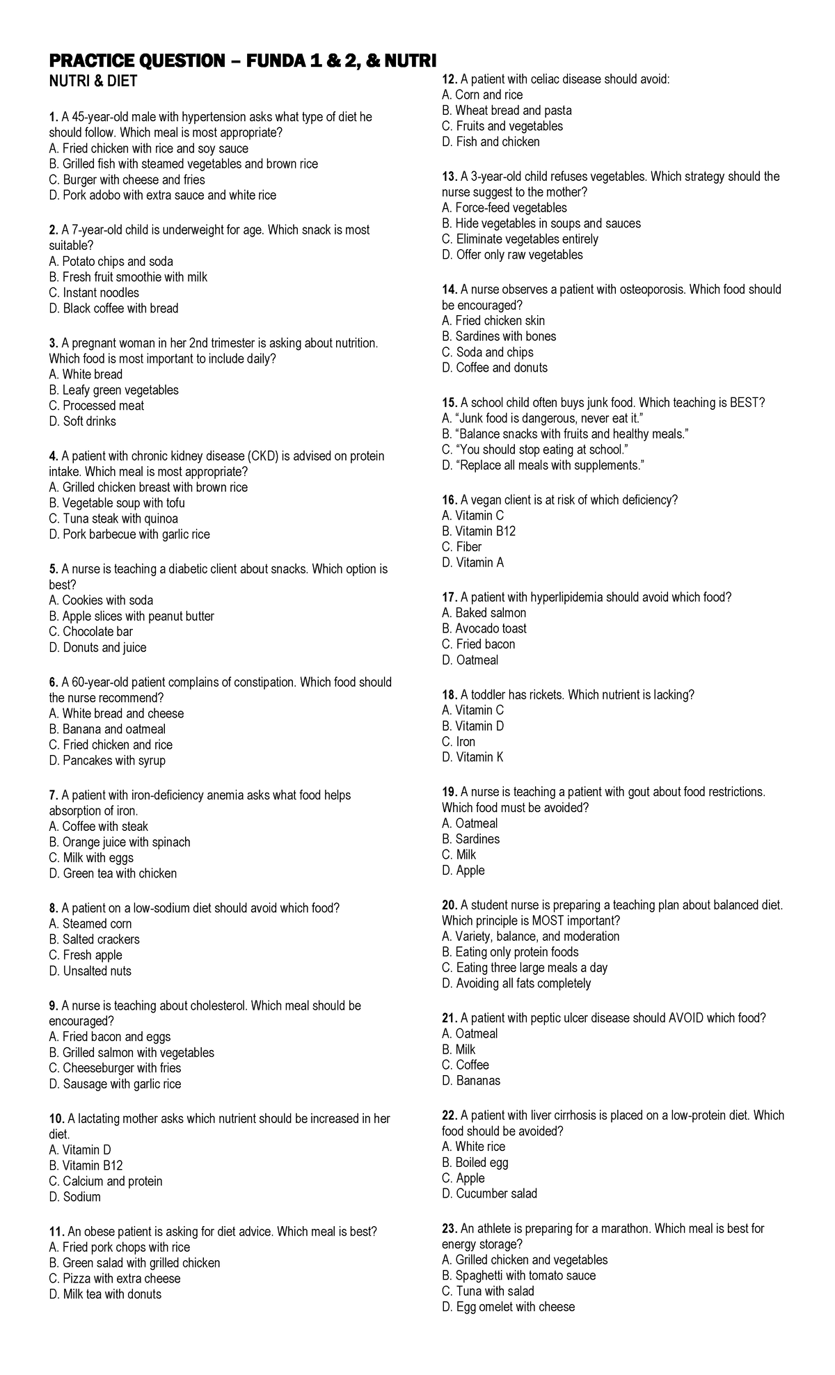 PRACTICE QUESTIONS FOR NUTRITION (NUTRI 1 2) - Studocu