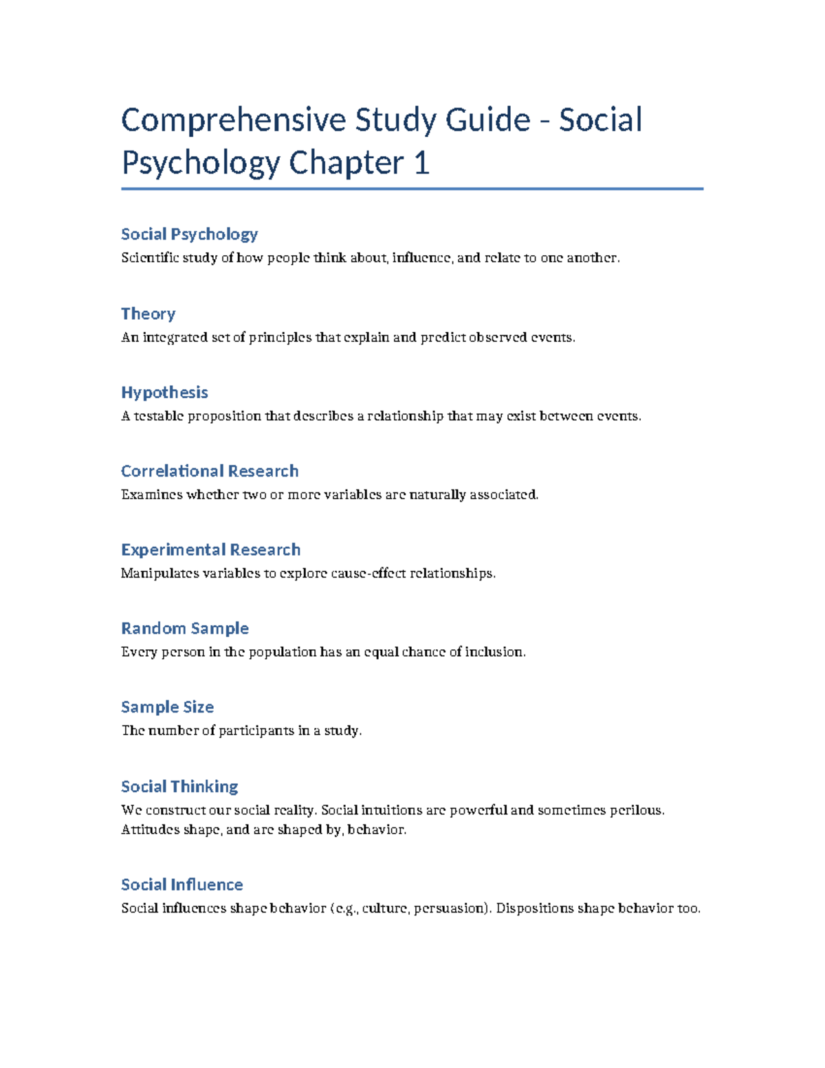 Comprehensive Study Guide for Social Psychology (PSY 101) - Chapter 1 ...