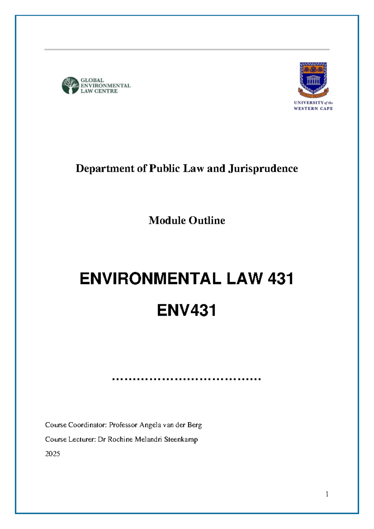ENV431 Environmental Law 431 Module Outline for 2025 - Studocu