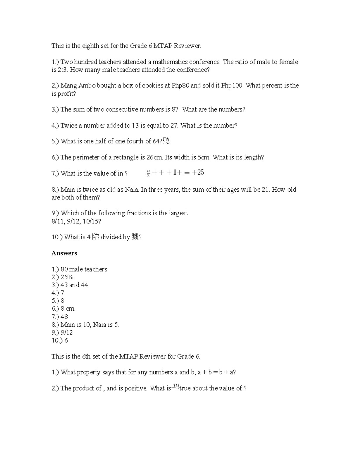 Grade 6 MTAP Math Reviewer Set 8: Problem Solving Exercises - Studocu