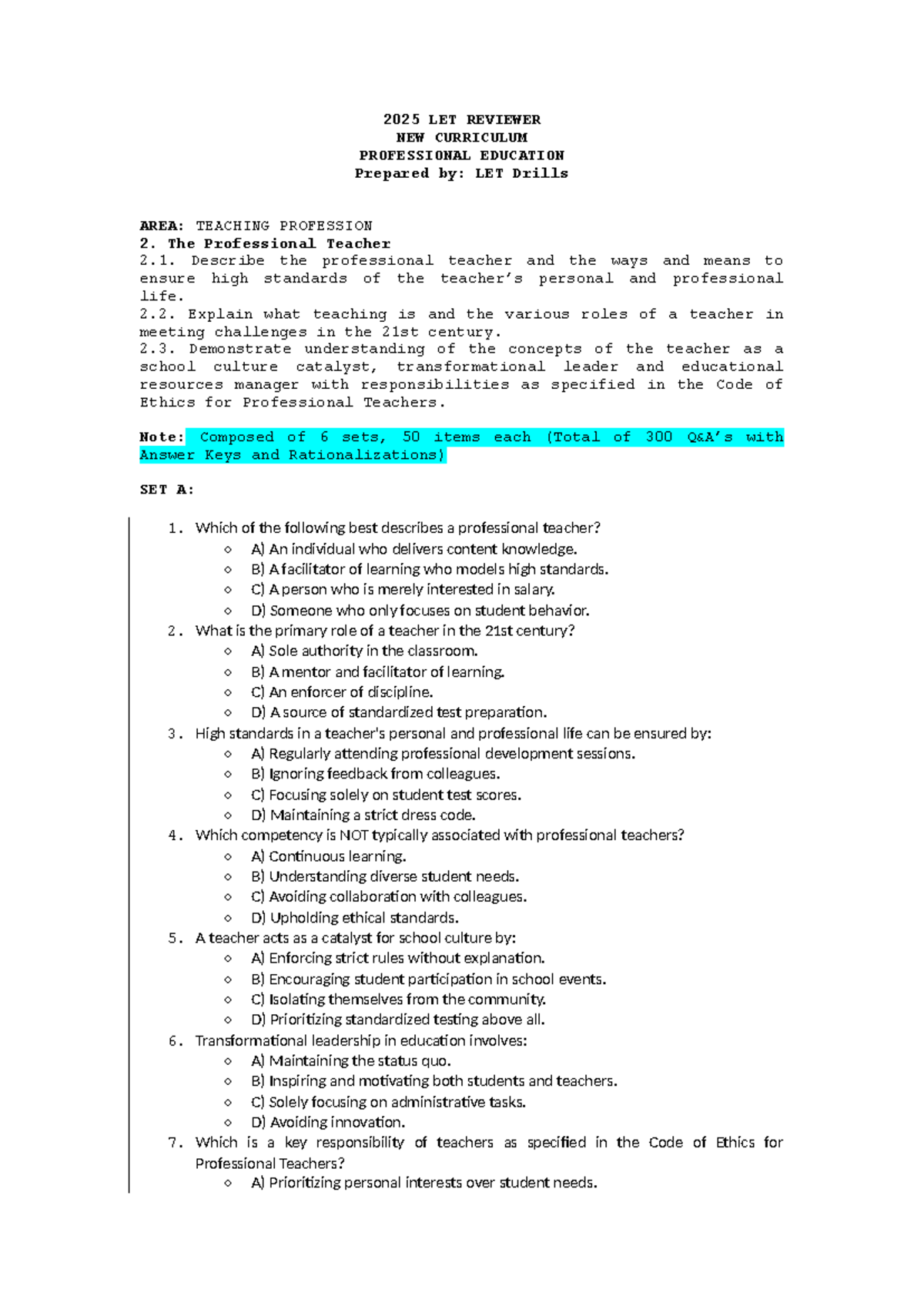 2025 LET REVIEWER: The Professional Teacher Insights and Drills - Studocu