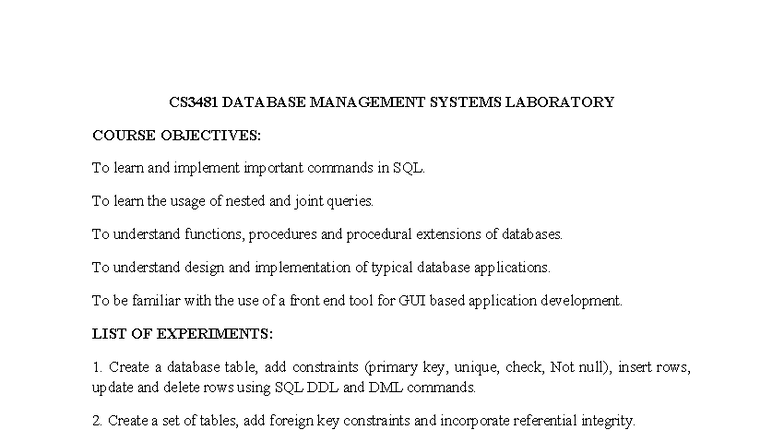CS3481 Database Management Systems Lab Syllabus & Objectives - Studocu