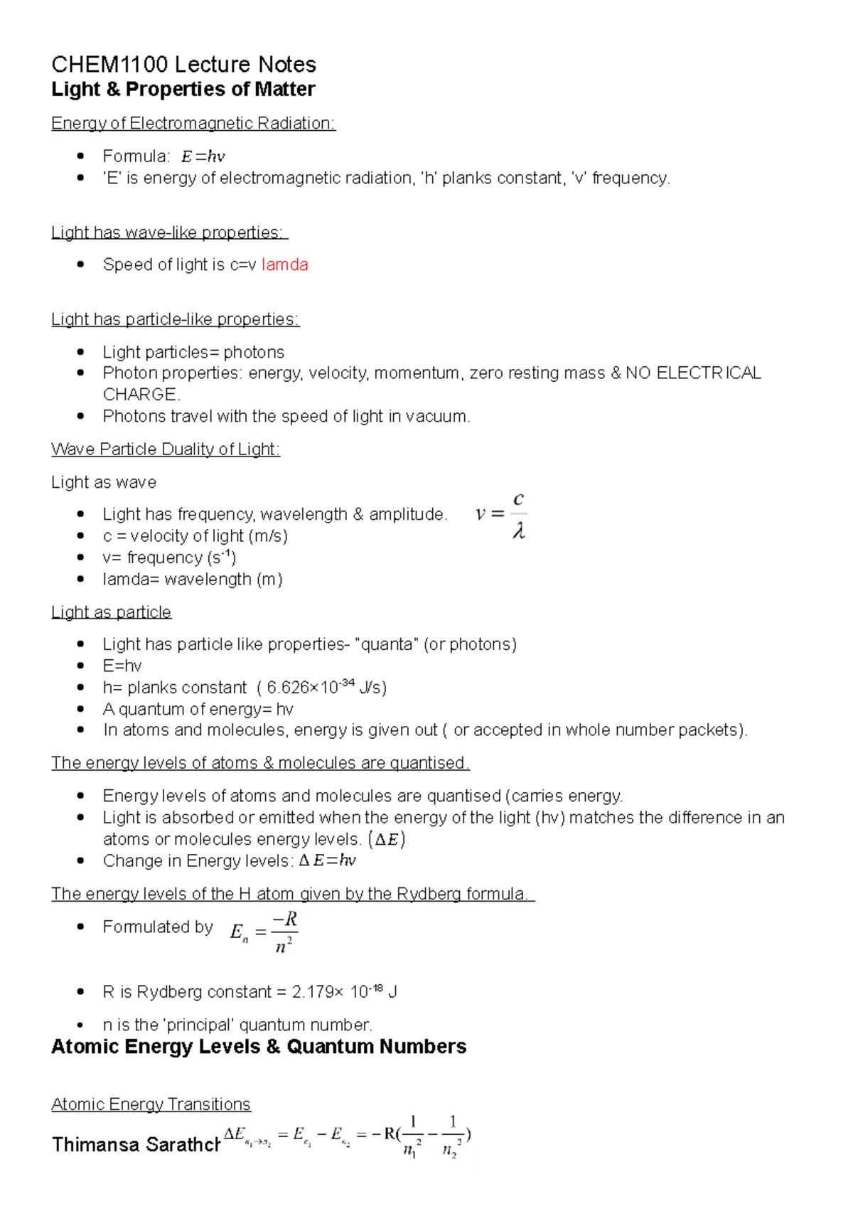 CHEM1100 Lecture Notes: Light, Matter Properties, and Atomic Structure ...