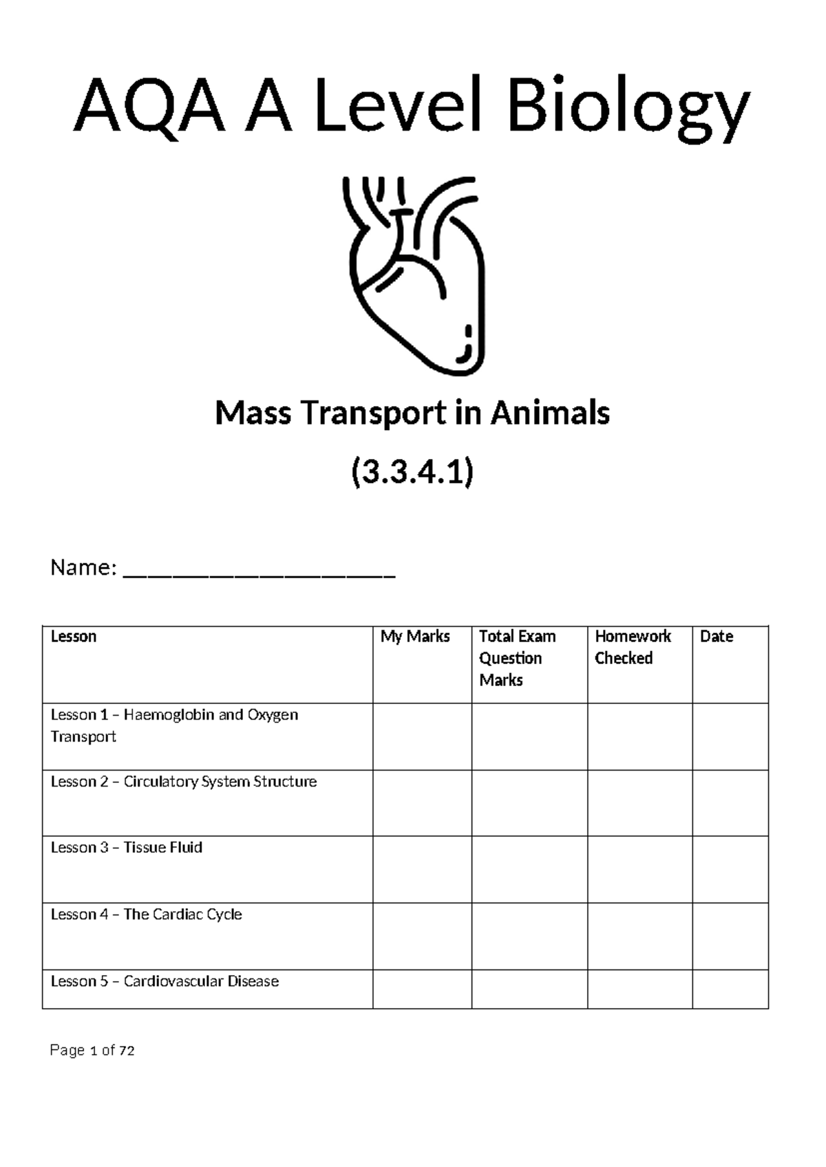 AQA A Level Biology (3.3.4.1) Lesson Notes on Mass Transport in Animals ...