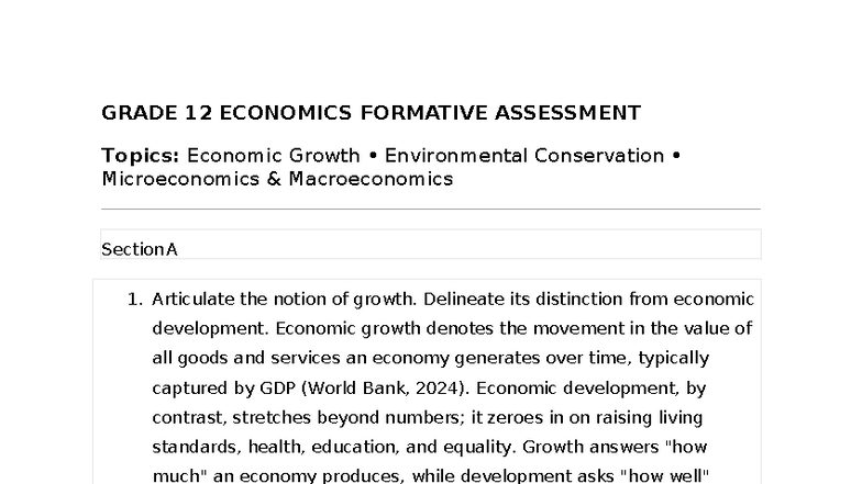 Grade 12 Economics Formative Assessment: Growth vs. Sustainability ...