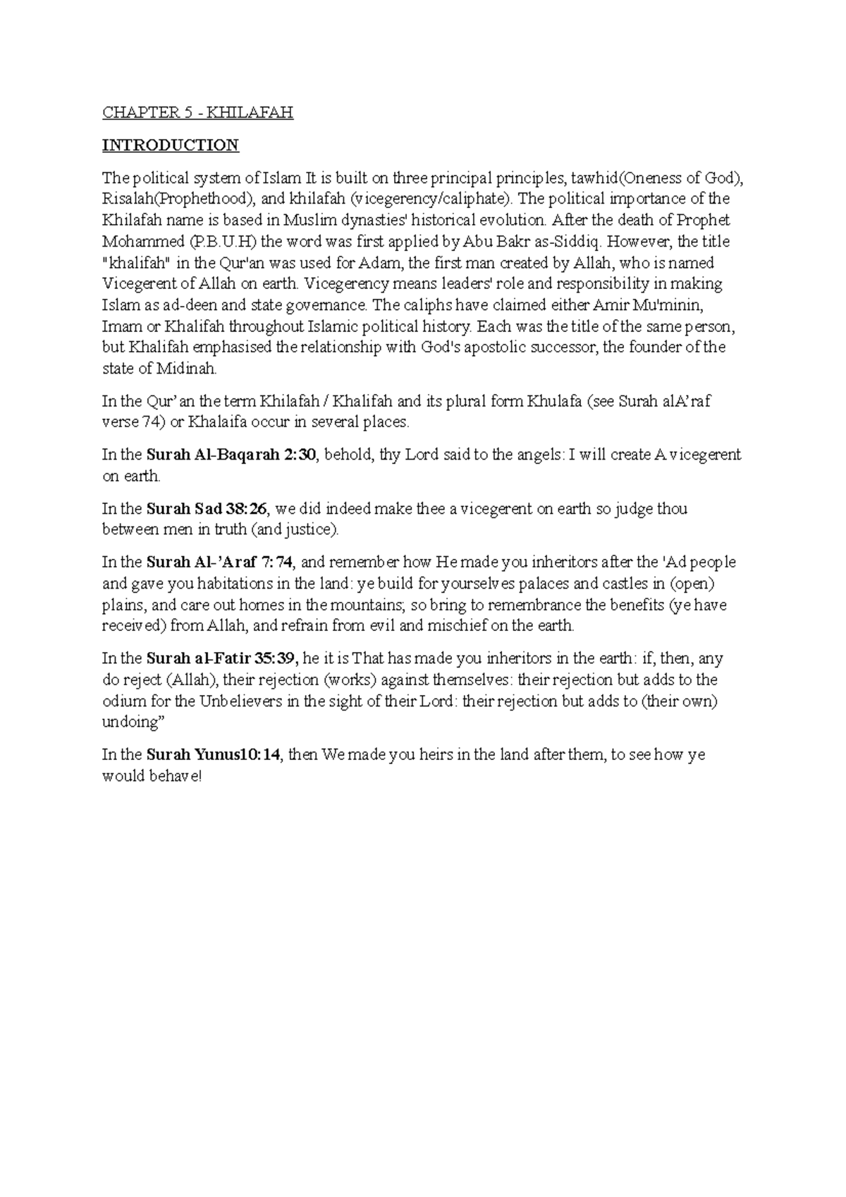 Chapter 5 - Understanding the Importance of Khilafah in Islam - Studocu
