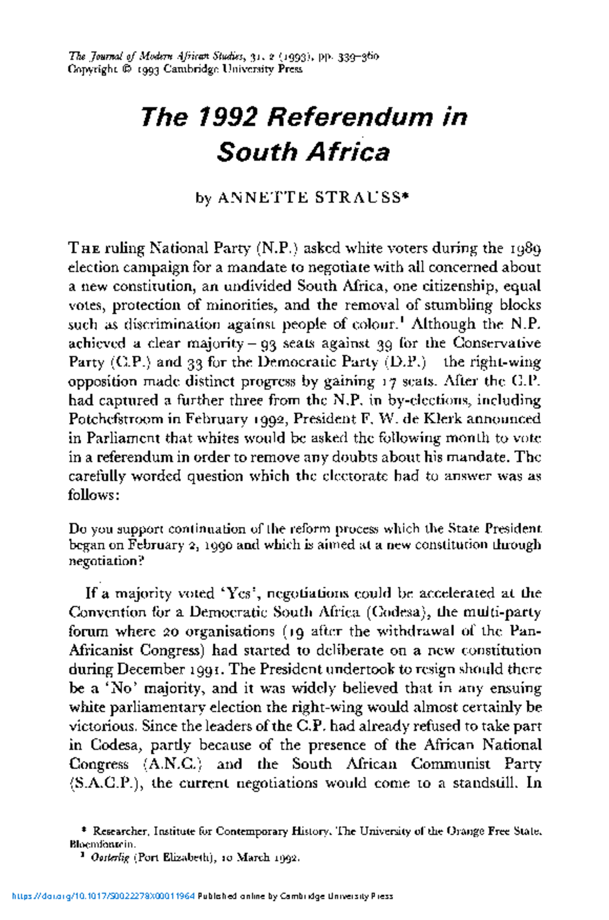 South Africa's 1992 Referendum: Impacts and Political Consequences ...