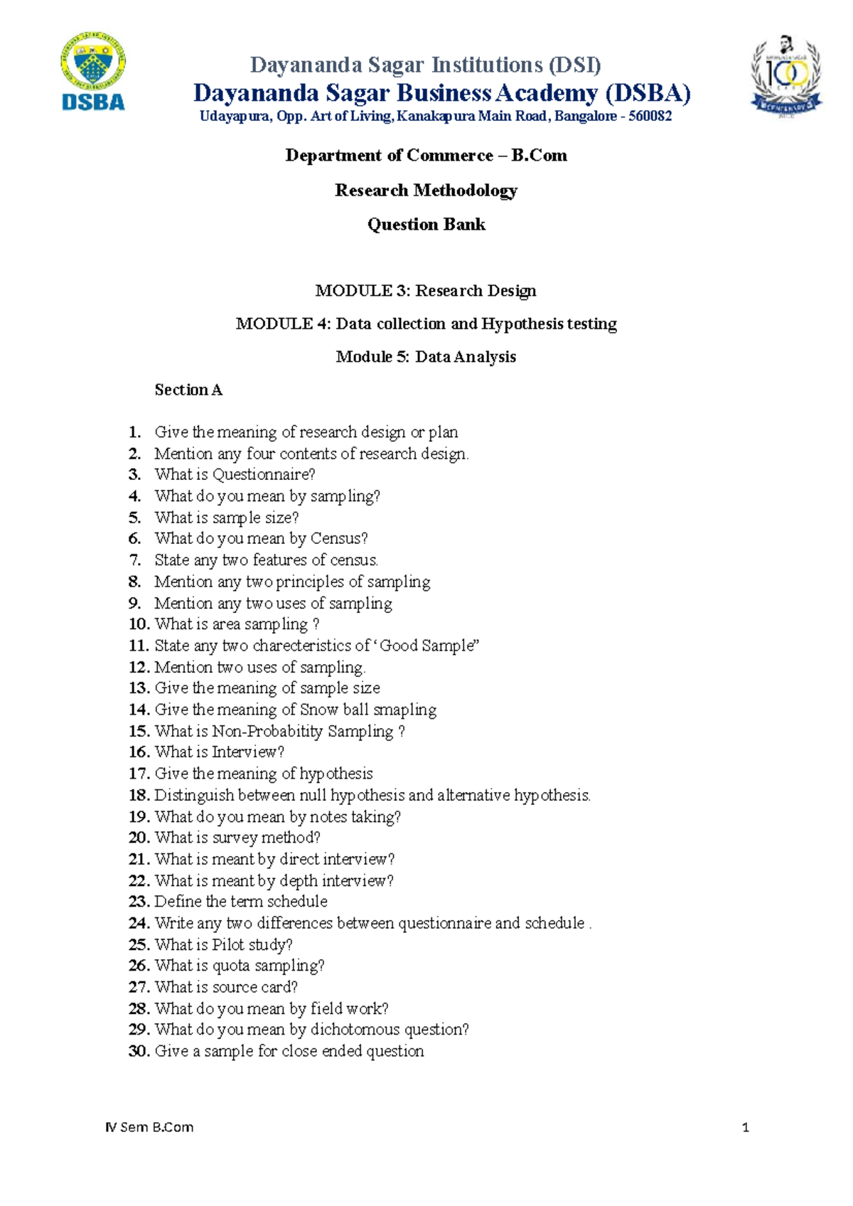 IV Sem B.Com Research Methodology Question Bank: Modules 3, 4 & 5 - Studocu