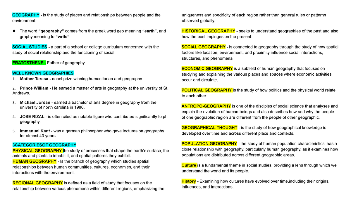 SSC2 Reviewer - Jfowkciekcjs - GEOGRAPHY - is the study of places and ...