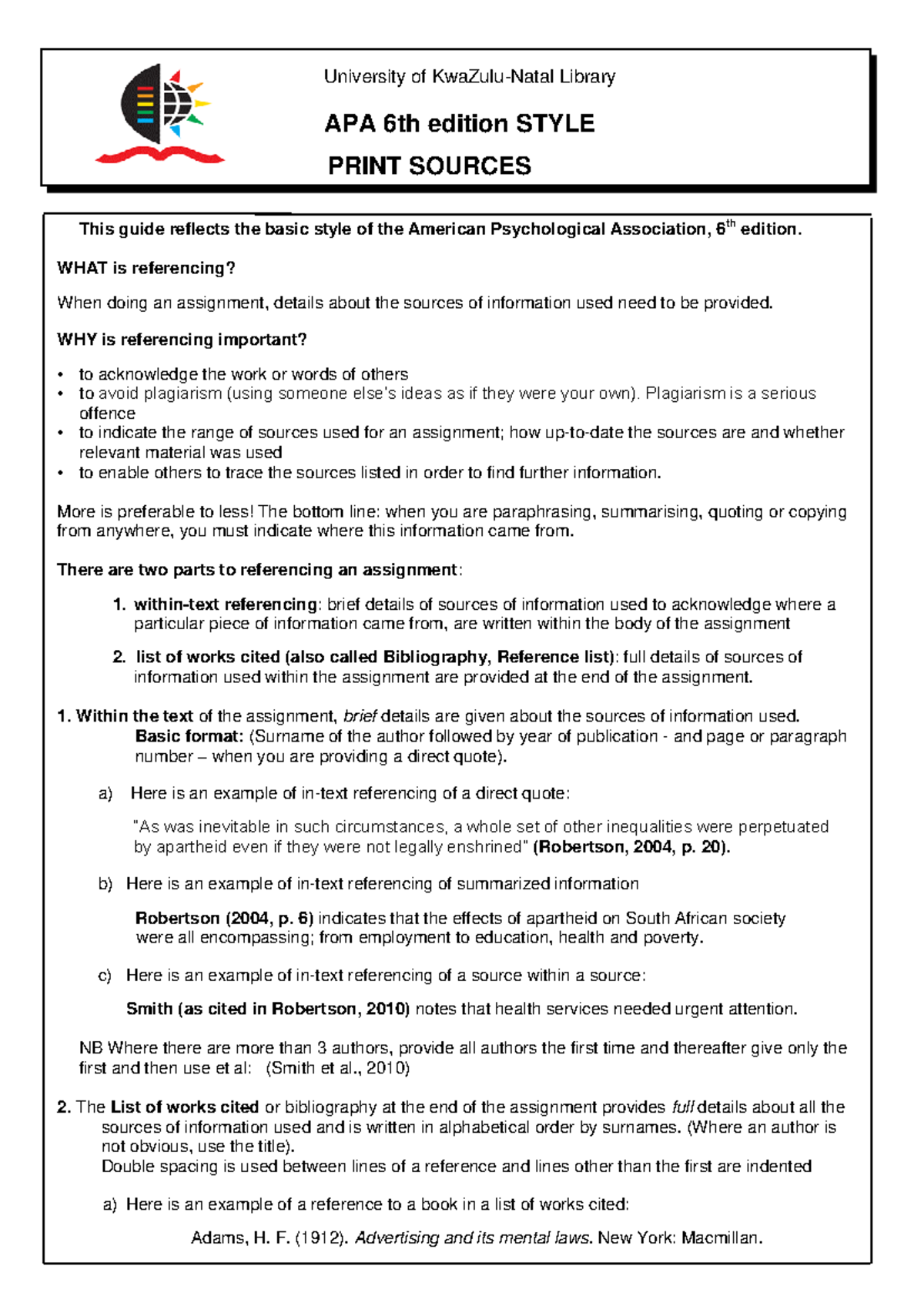 APA 6th Edition Referencing Style Guide - University of KwaZulu-Natal ...