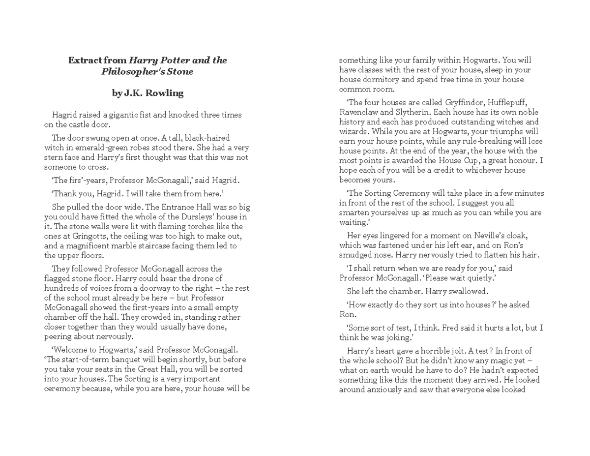 Year 5 English: Harry Potter Day 1 Extract from Philosopher's Stone ...