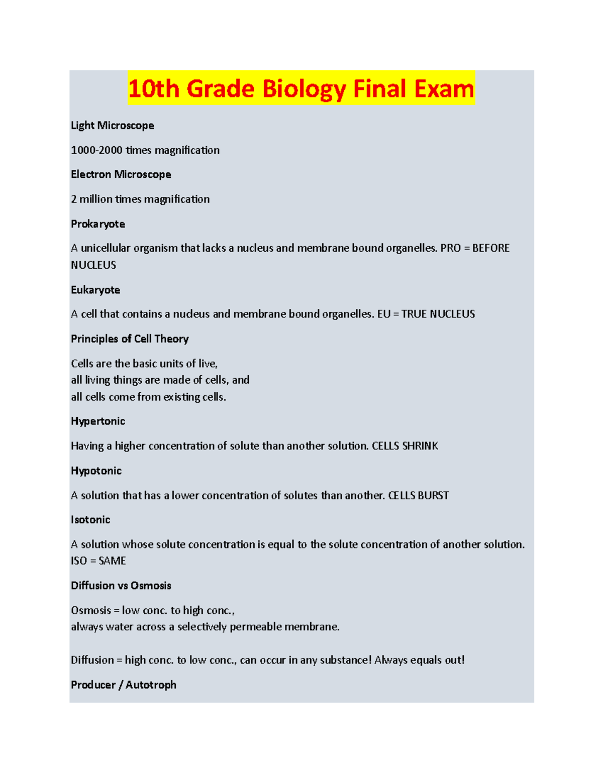 10th Grade Biology Final Exam Study Guide: Key Concepts and Terms - Studocu