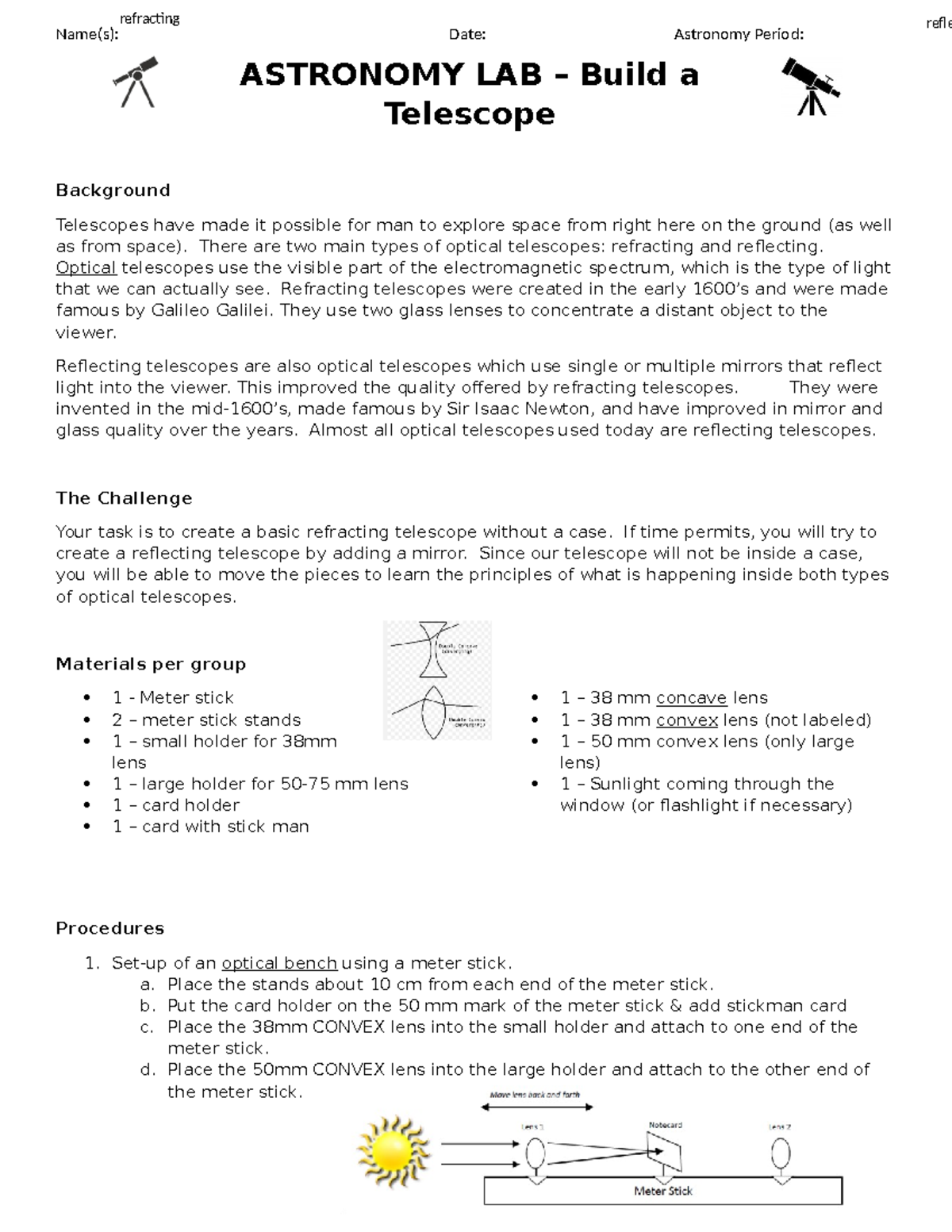 Astronomy LAB - Build a Telescope Using Lenses - Name(s): Date ...