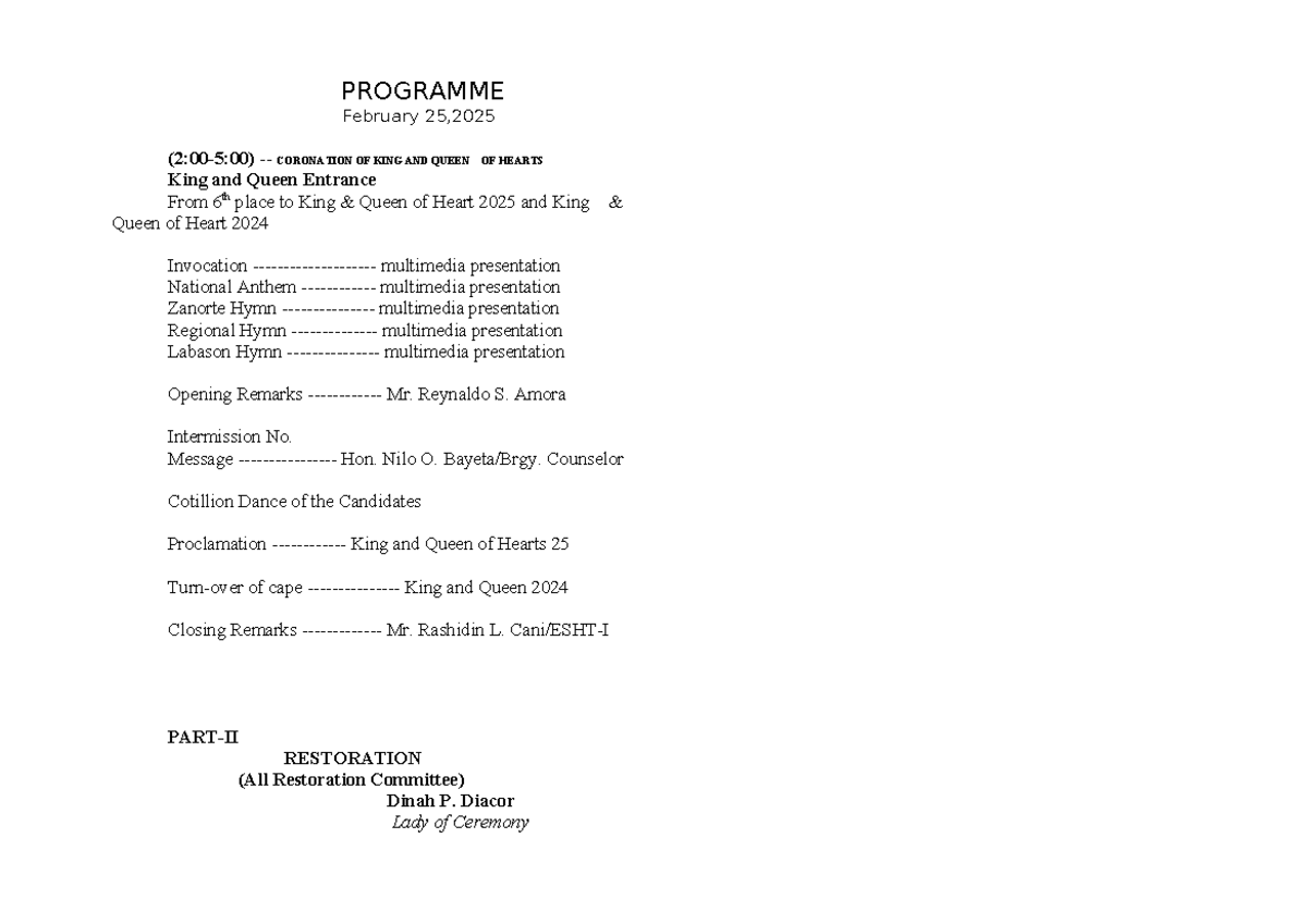 Programme KING AND Queen OF Hearts 2025 - PROGRAMME February 25, (2:00 ...