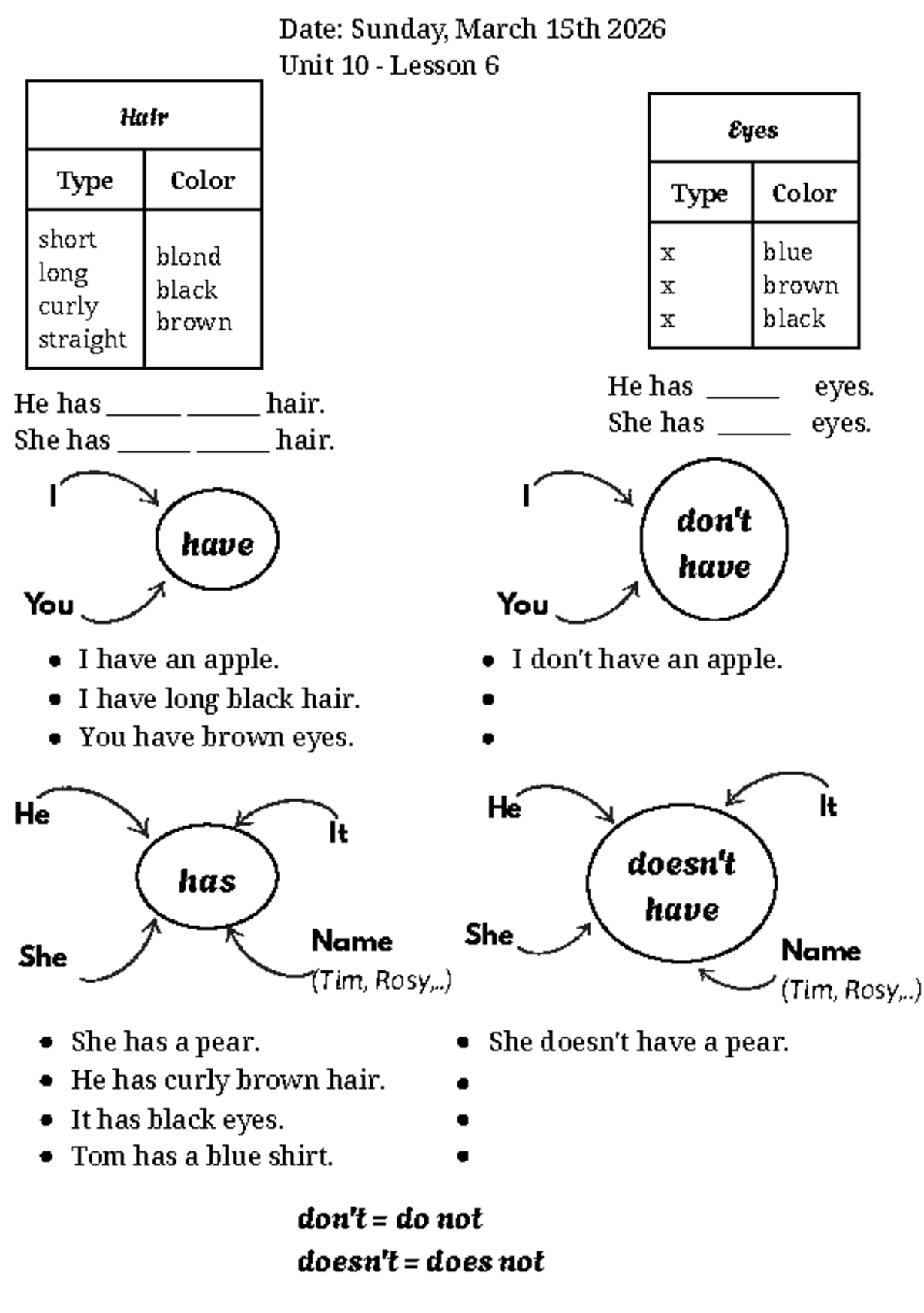 Unit 10 Lesson 6: Hair and Eye Color Descriptions - Studocu