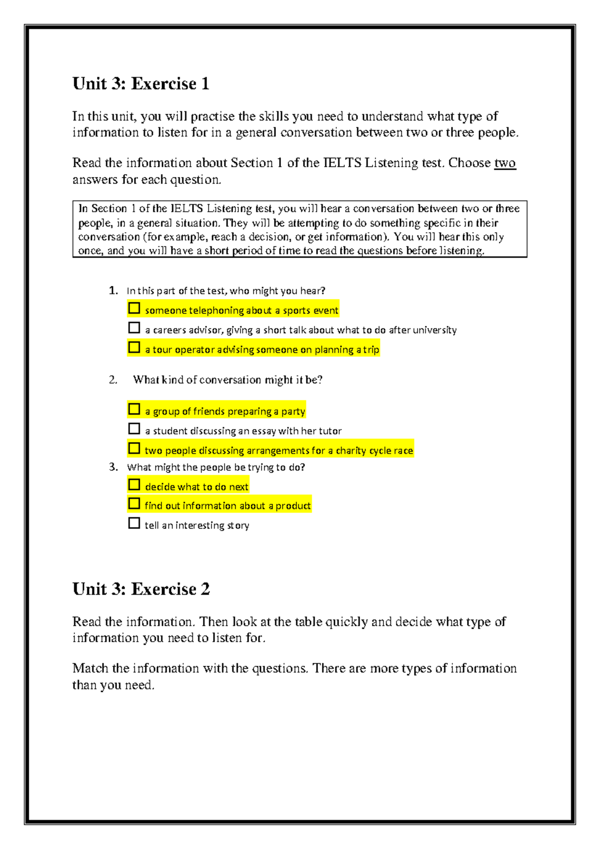 Unit 3: IELTS Listening Practice Exercises and Answer Keys - Studocu