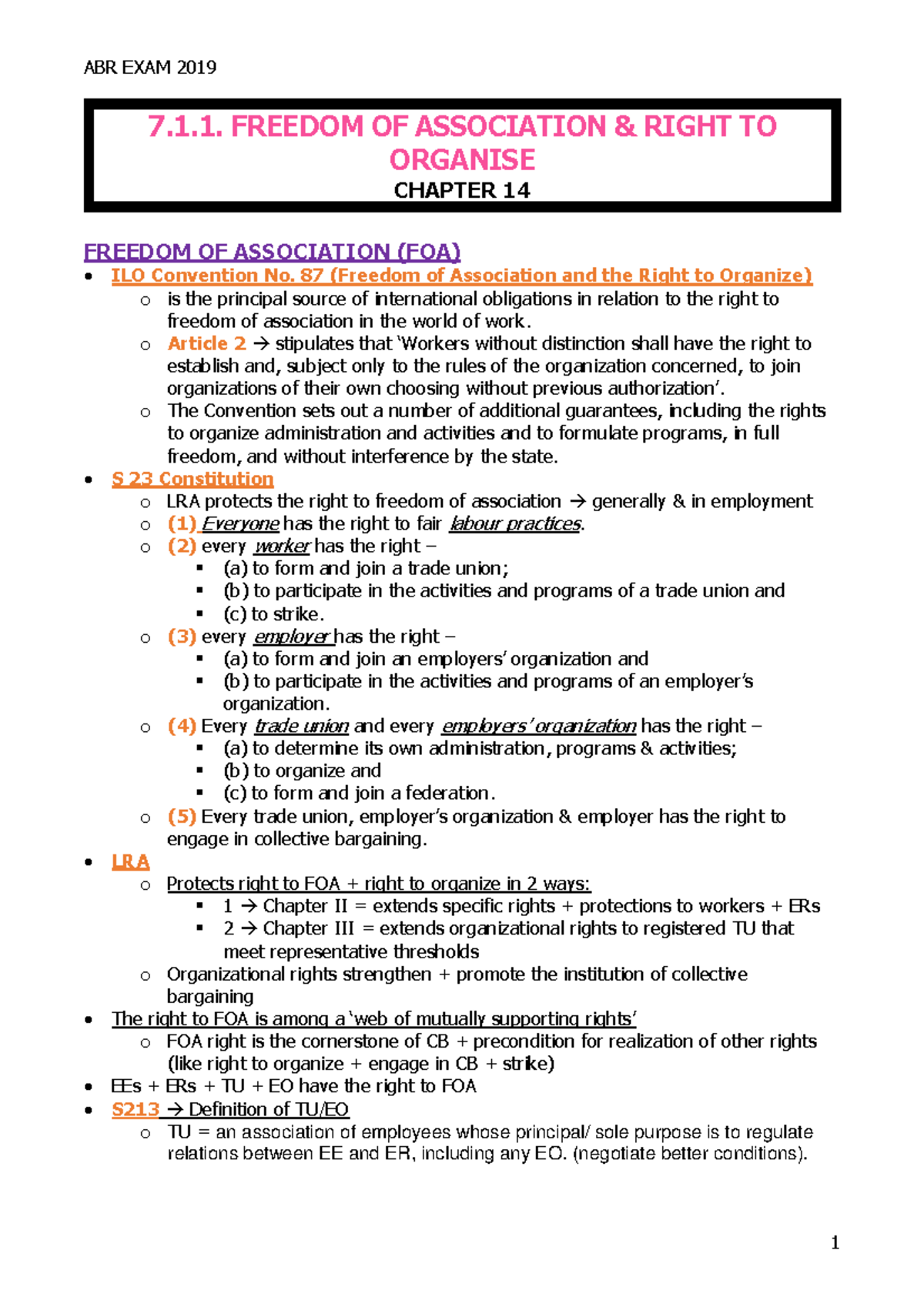 ABR 2019 Exam: Freedom of Association and Right to Organize Notes - Studocu