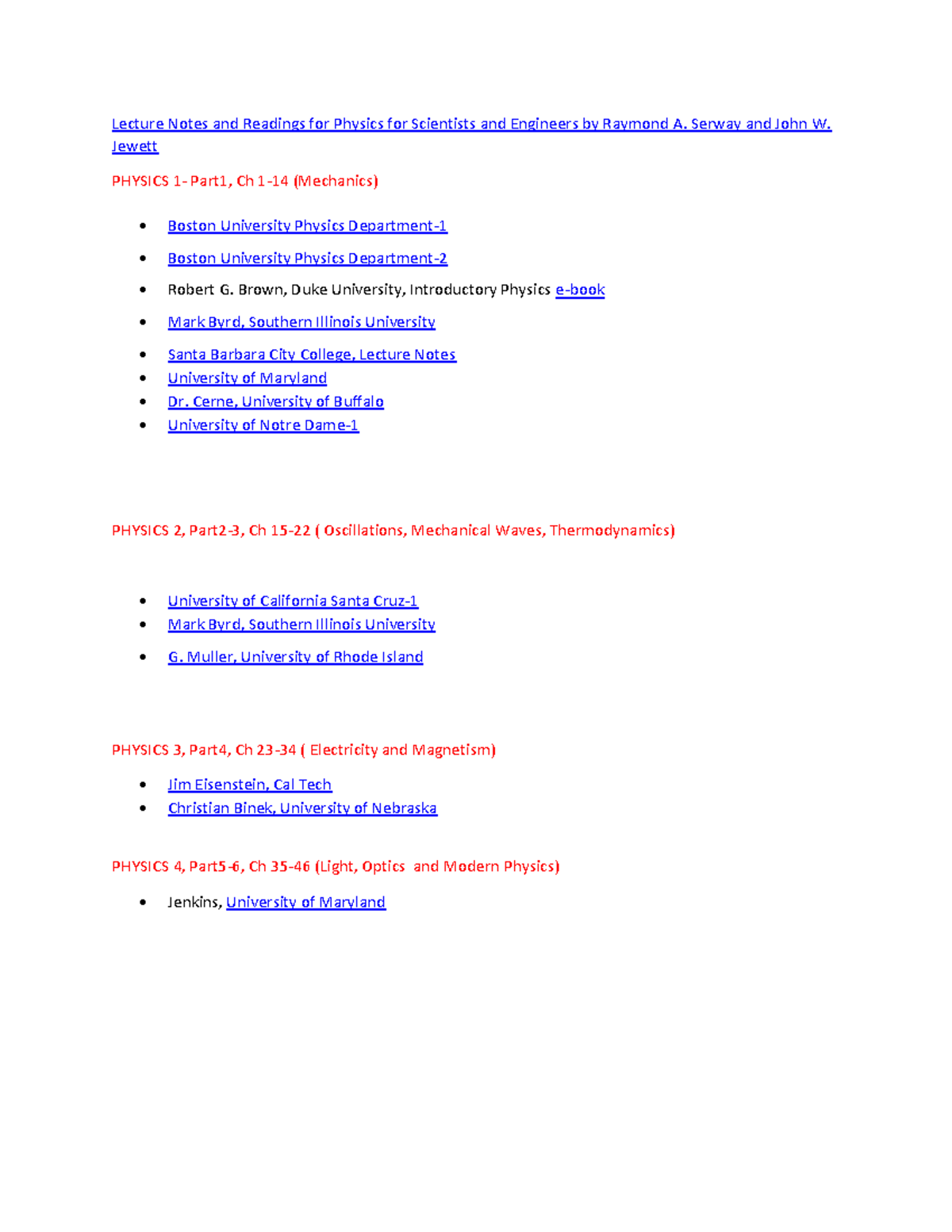 Lecture Notes And Readings For Physics For Scientists And Engineers By Raymond A Serway And John 5825