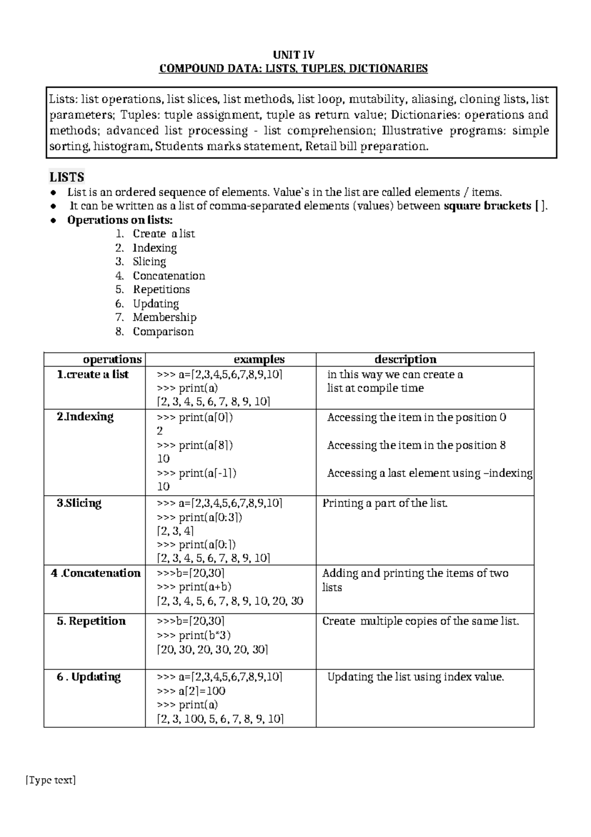 PSPP UNIT 4 Print - Python unit 4 notes - Lists: list operations, list ...