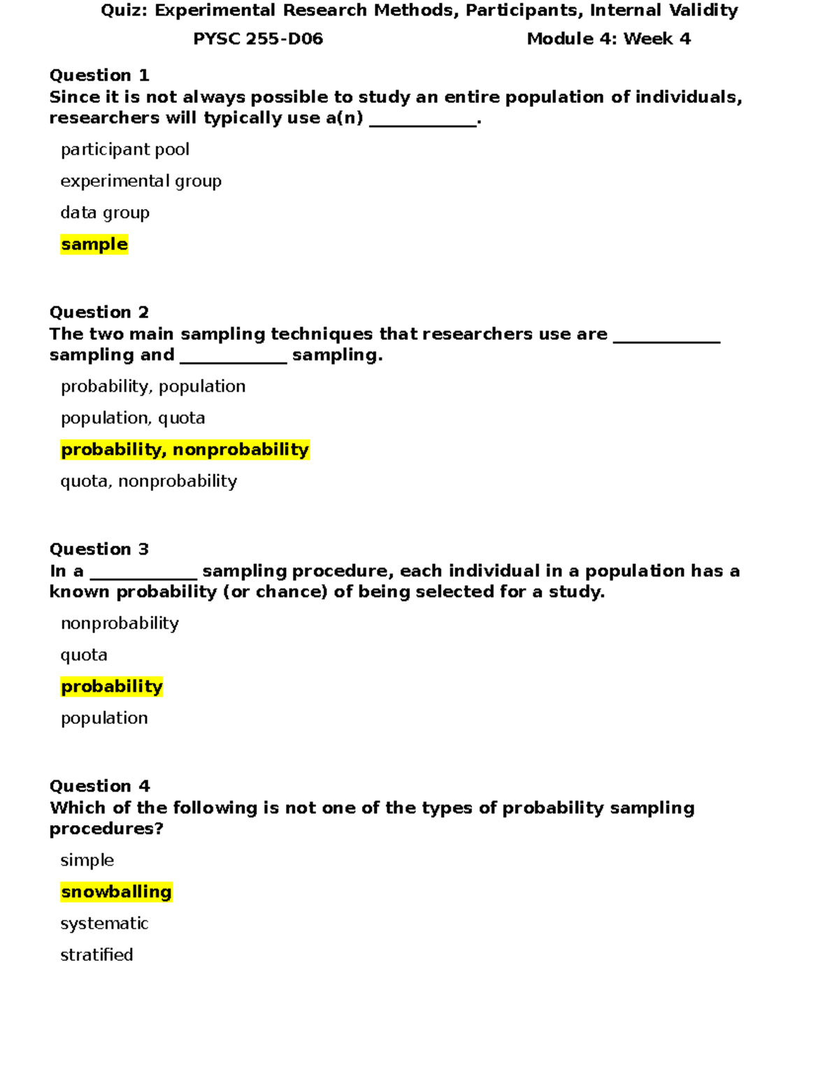 Quiz: PYSC Module 4 - Exp Research Methods, Participants & Validity ...