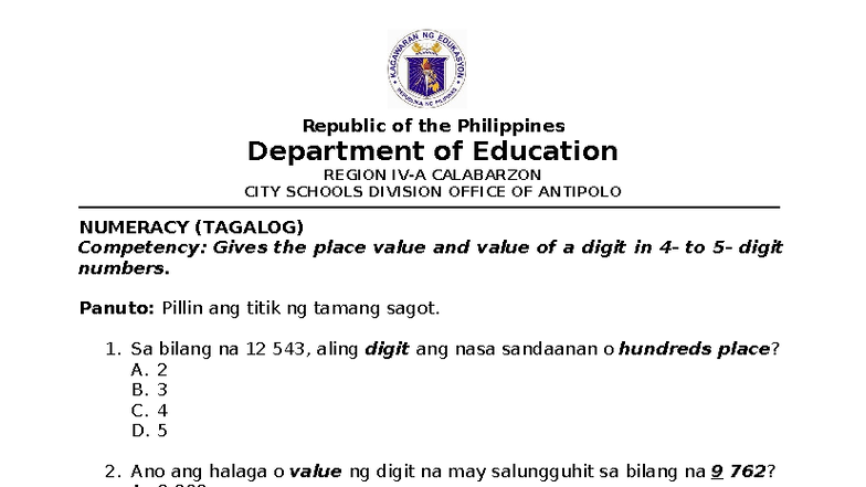 Ellna Reviewer: Numeracy LC1 Day 1 - Value of Digits in Numbers - Studocu