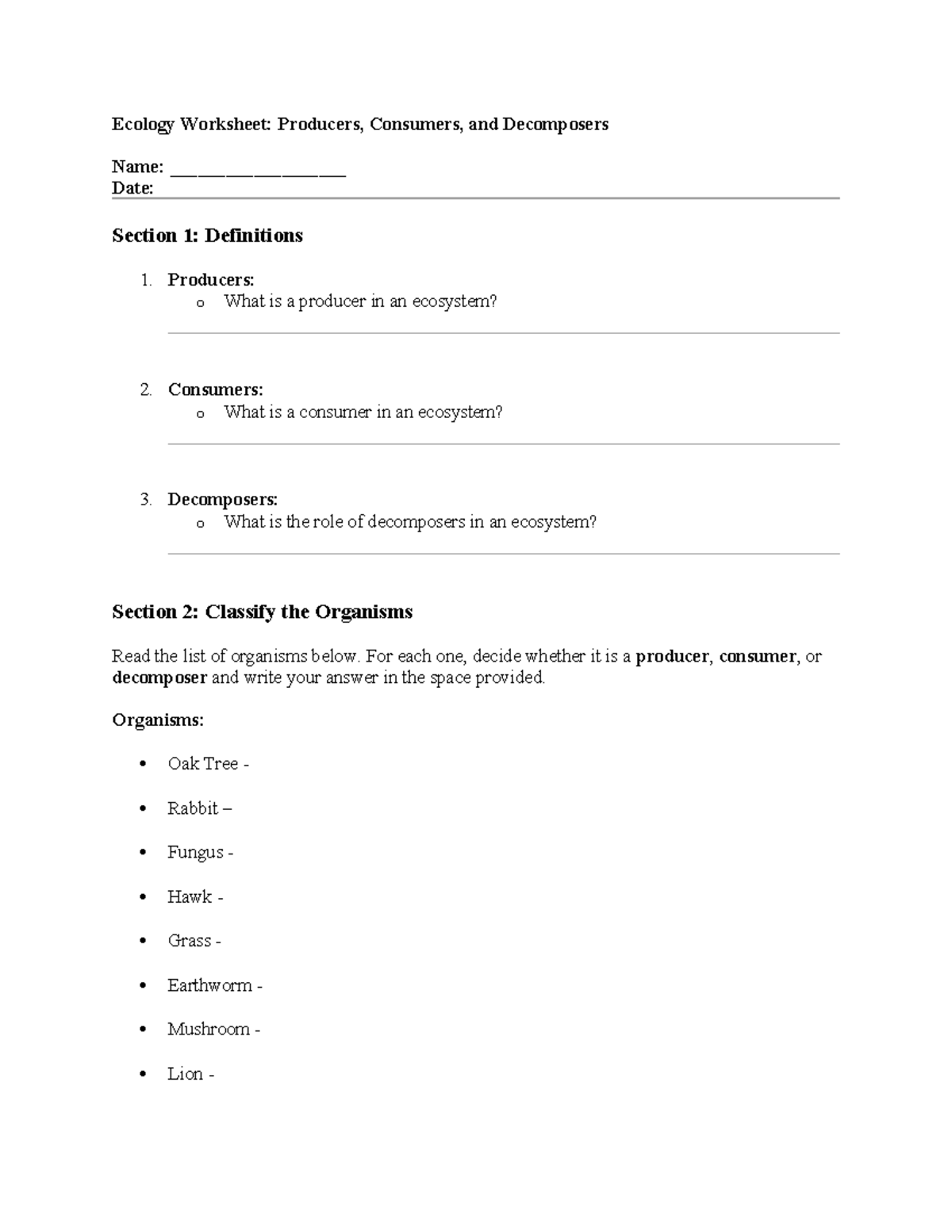 Ecology Worksheet: Producers, Consumers, & Decomposers - Studocu