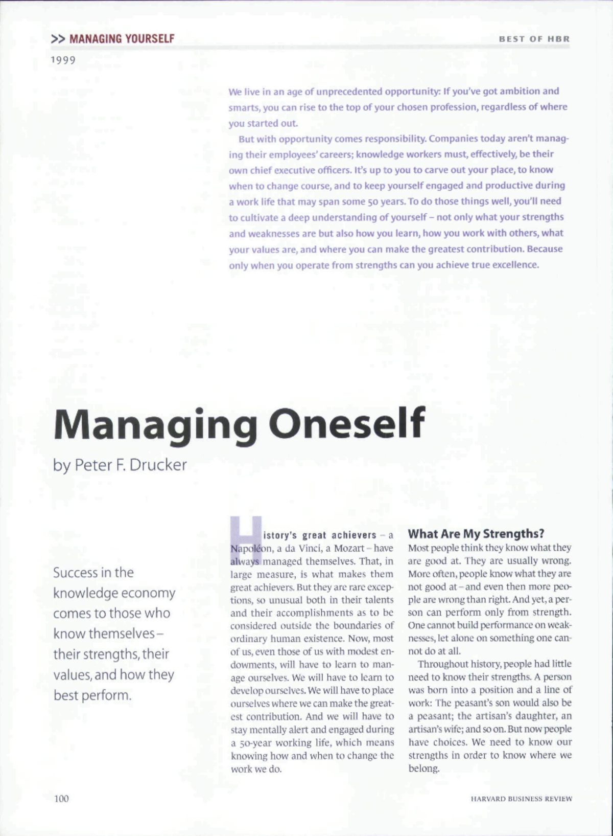 Managing Oneself - Readings - » MANAGING YOURSELF 1999 BEST OF HBR We ...