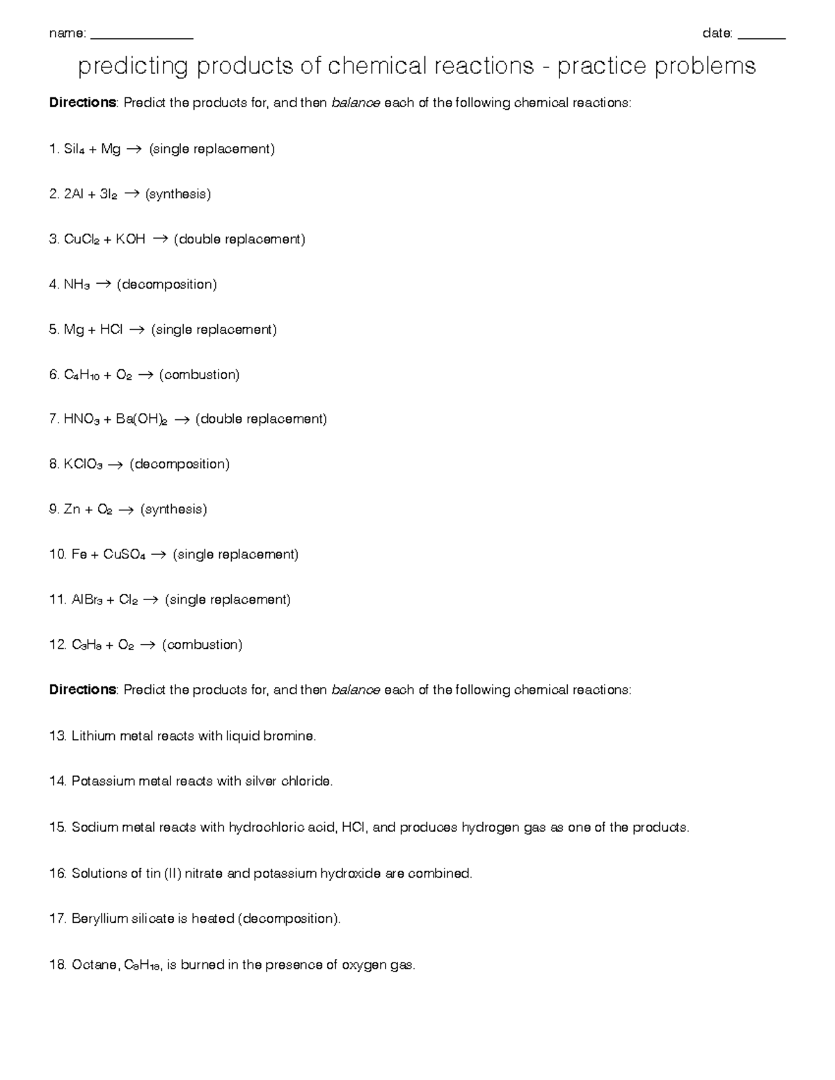 Practice Problems: Predicting Chemical Reaction Products - Studocu