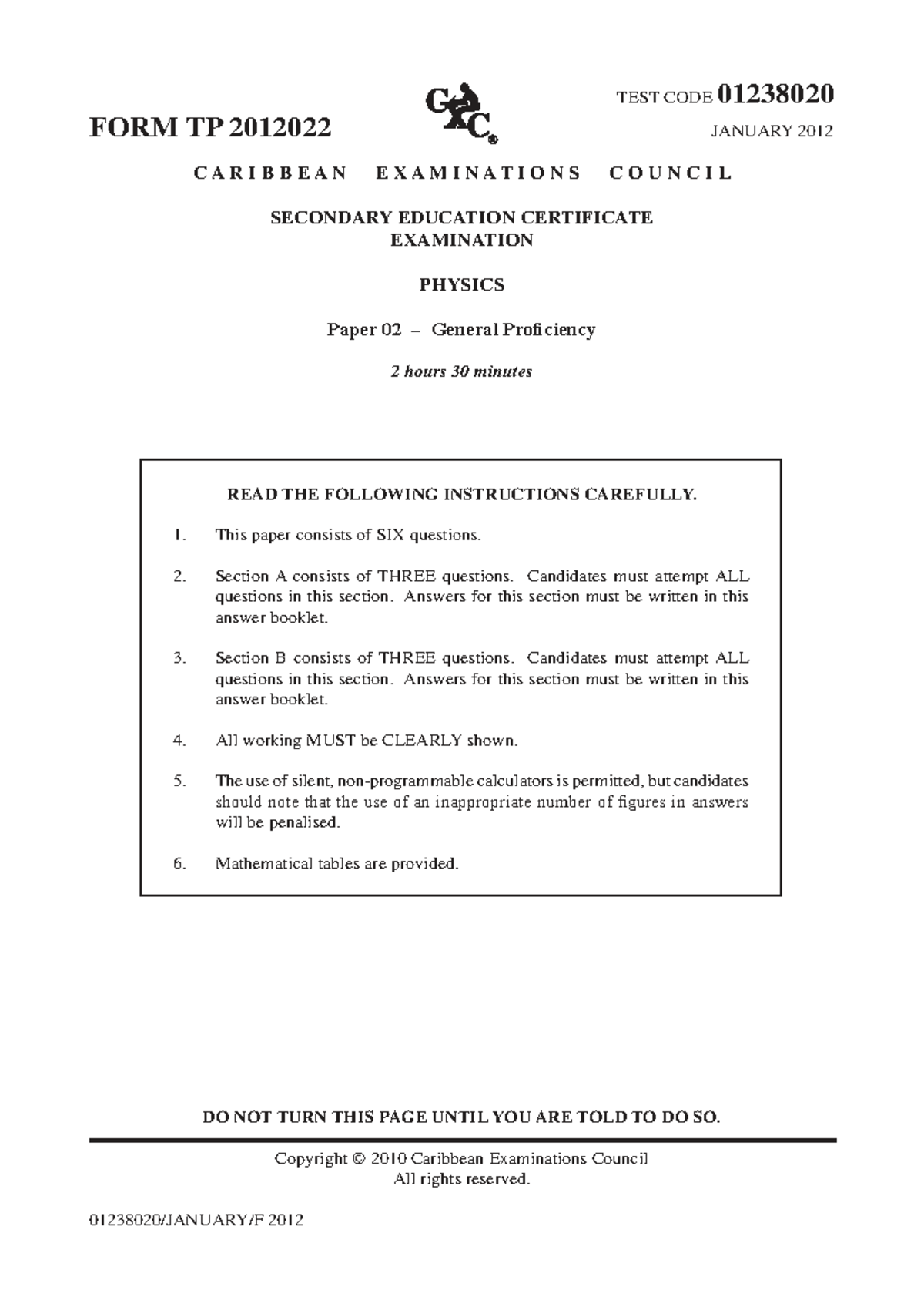 CSEC Physics P2 2012 Exam Paper - General Proficiency - Studocu
