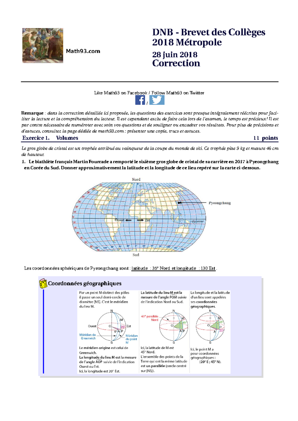 # Corrigé sujet brevet maths - DNB - Brevet des Collèges 2018 Métropole 28 juin 2018 Correction ...