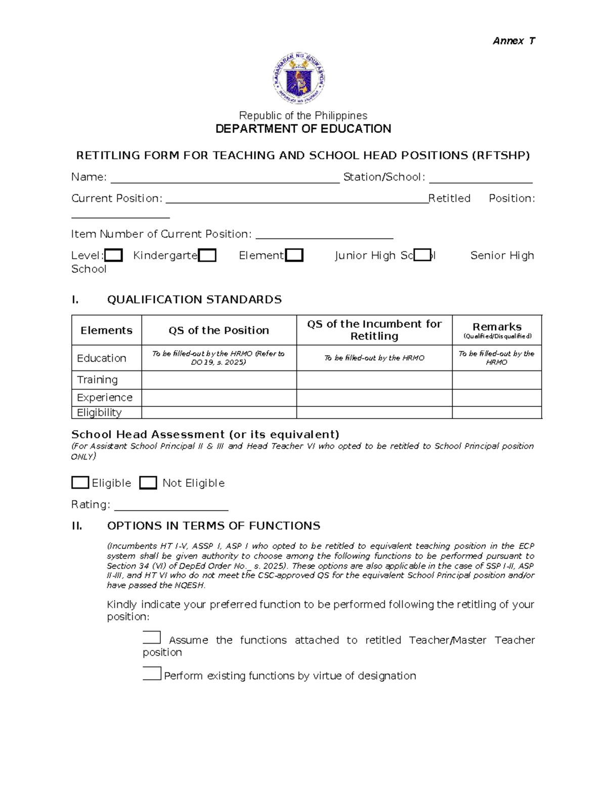 Annex T RFTSHP Form for Teaching & School Head Positions - Studocu