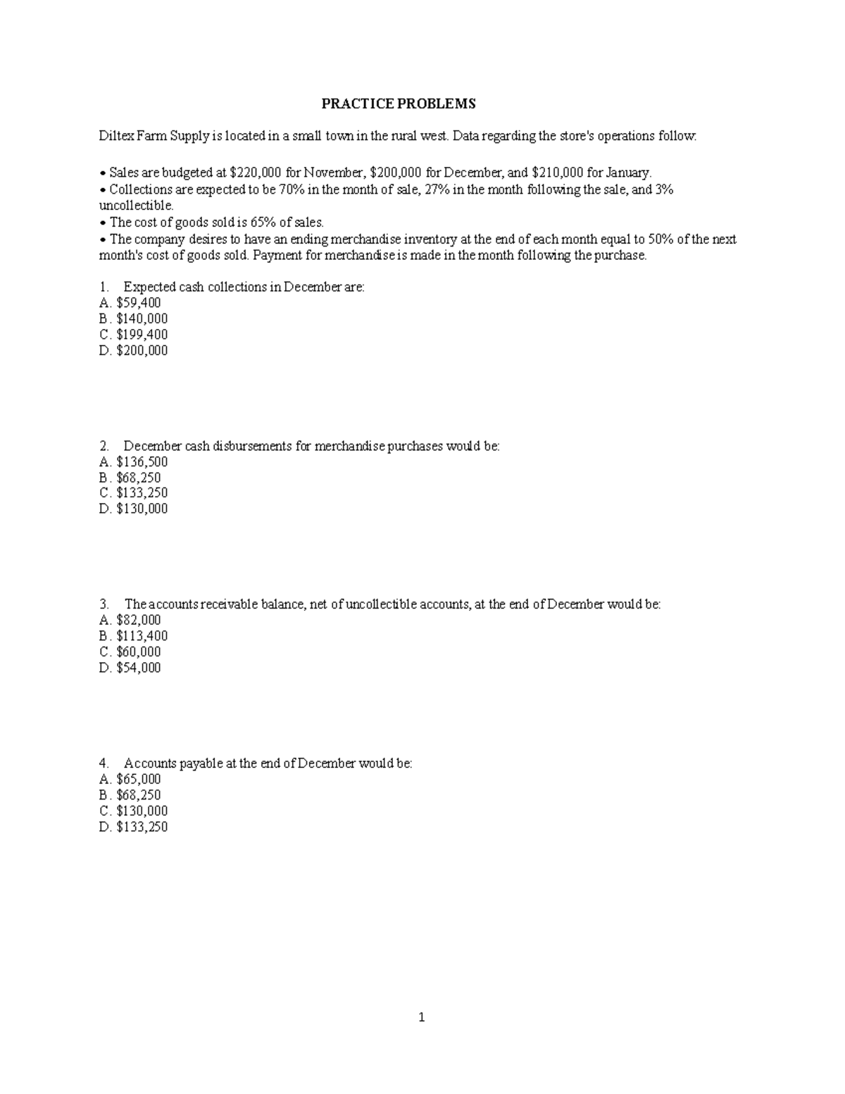 Cash Flow & Budgeting Practice Problems for ACC 101 Students - Studocu