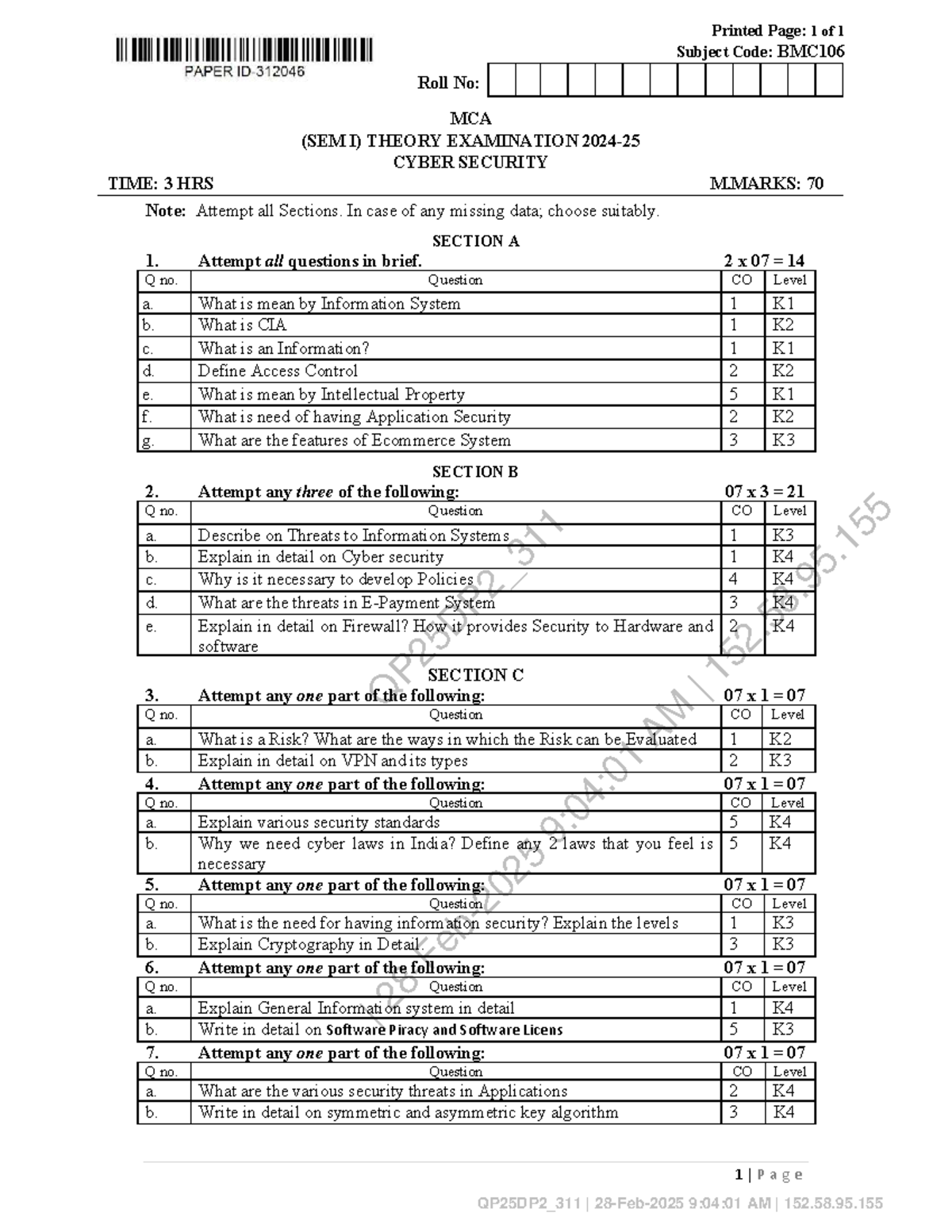 BMC106 - MCA SEM I Cyber Security Theory Exam Question Paper - Studocu