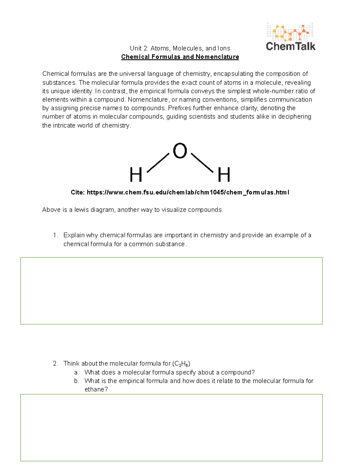 Unit 2: Atoms, Molecules, and Ions - Chemical Formulas Practice ...