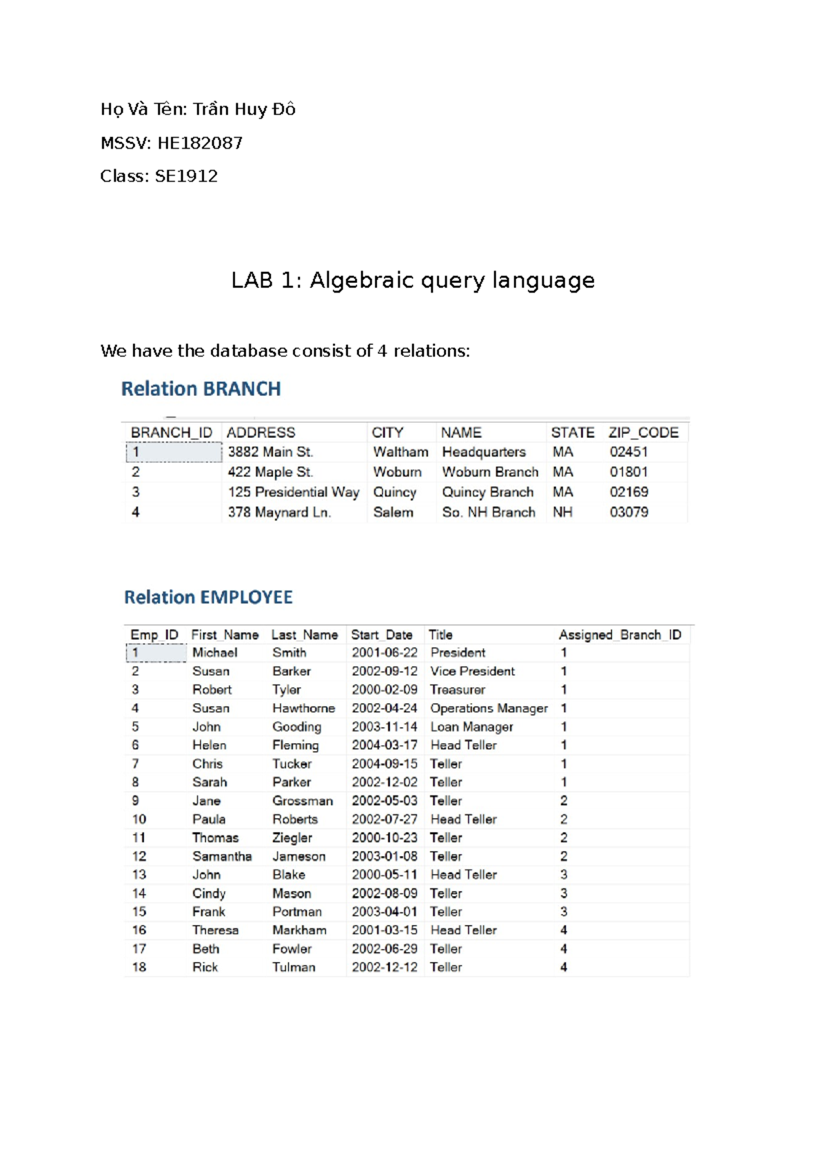 LAB1 DBI202 HE182087 - Lab 1: Algebraic Query Language Exercises - Studocu