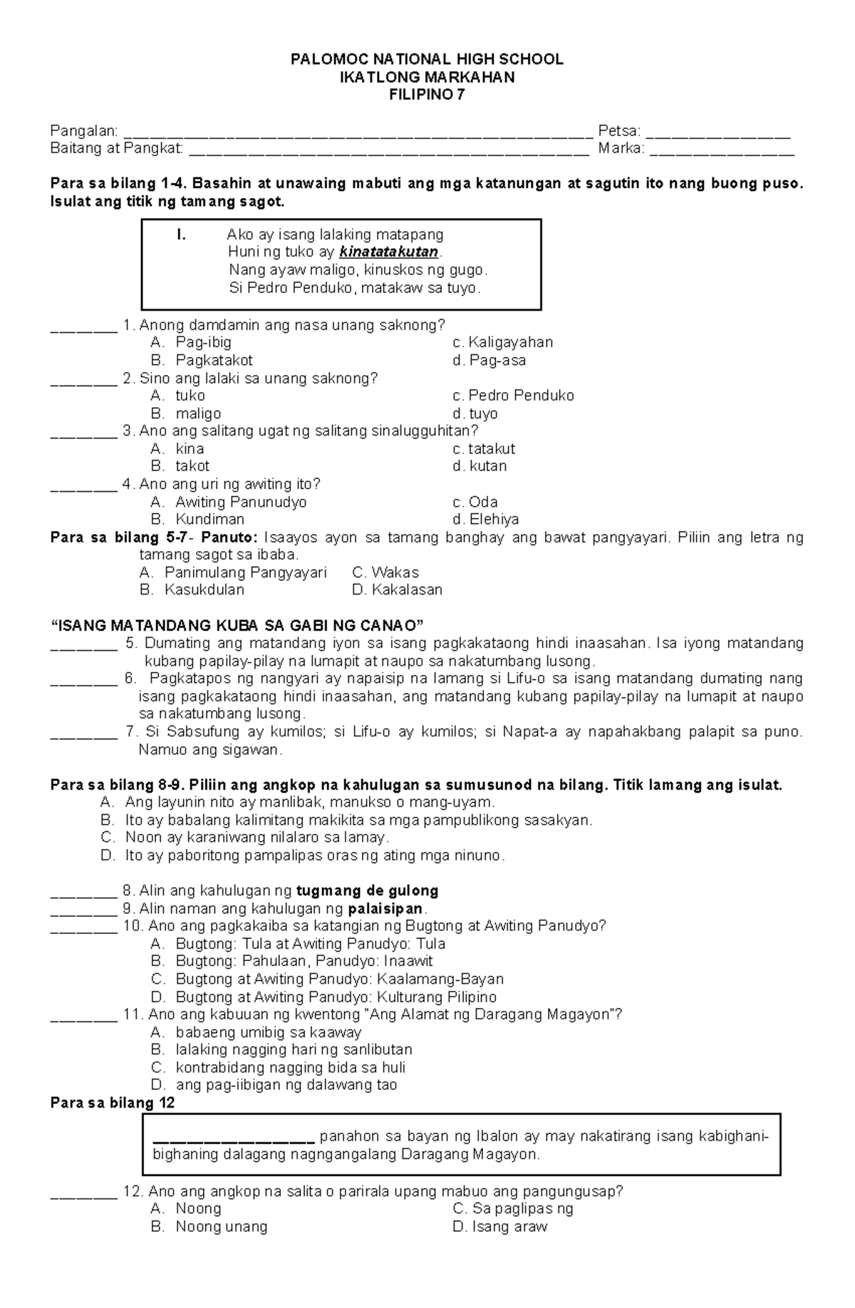 Ikatlong Markahang Pagsusulit sa Filipino 7 (Grade 7) - Studocu