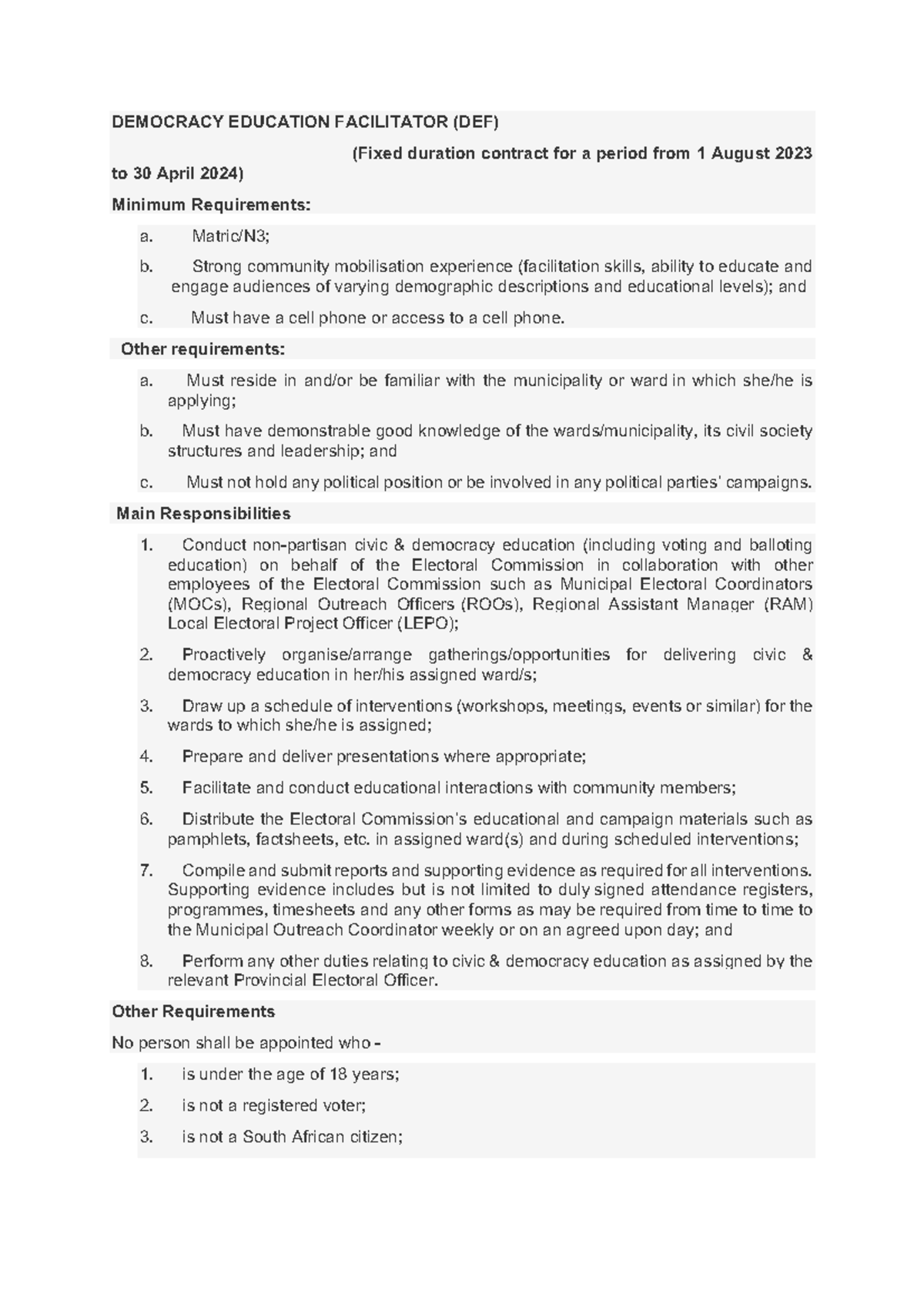 Democracy Education Facilitator (DEF) Job Description & Requirements ...