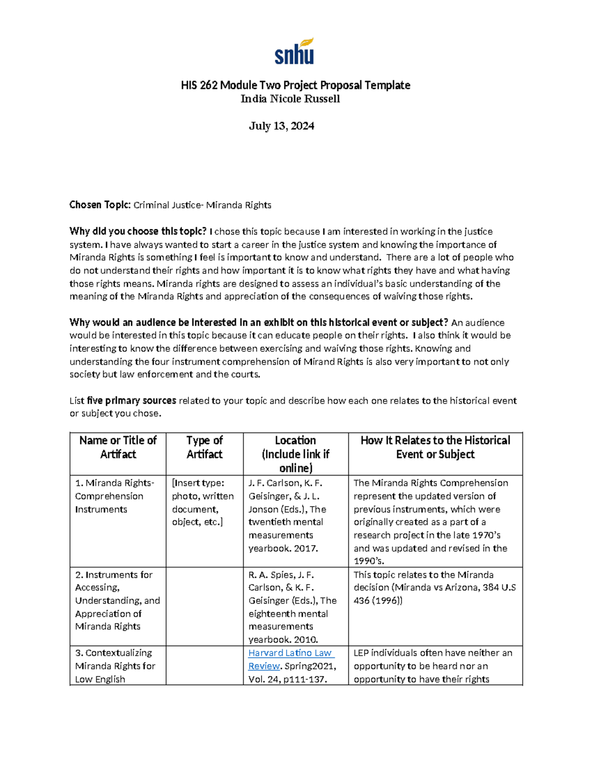 HIS 262 Module Two Project Proposal: Understanding Miranda Rights - Studocu